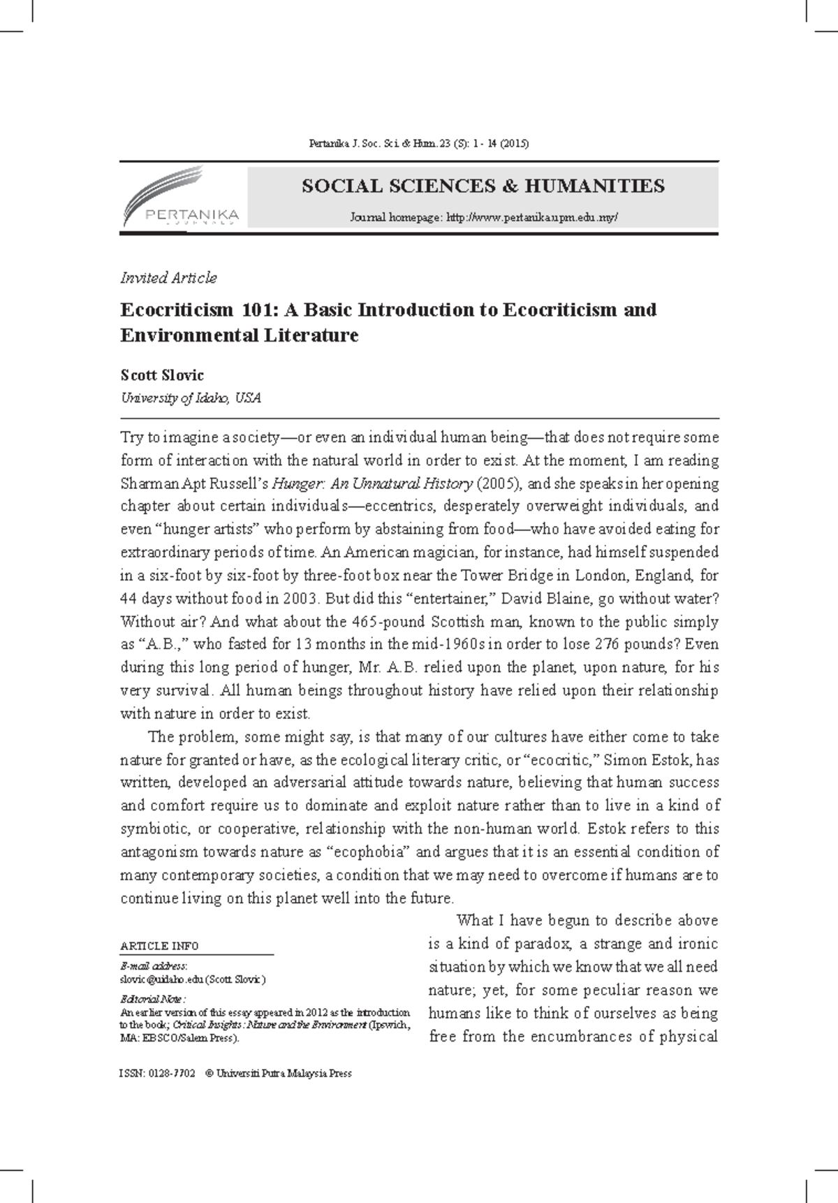 Ecocriticism 101 A Basic Introduction to - Pertanika J. Soc. Sci. & Hum ...