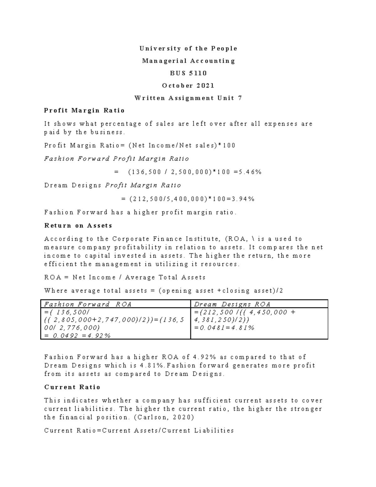 Bus5110 Unit 7 Written Assignment University Of The People Managerial Accounting Bus 5110