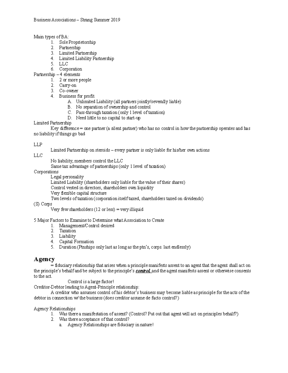 BA Outline - Main types of BA: 1. Sole Proprietorship 2. Partnership 3 ...