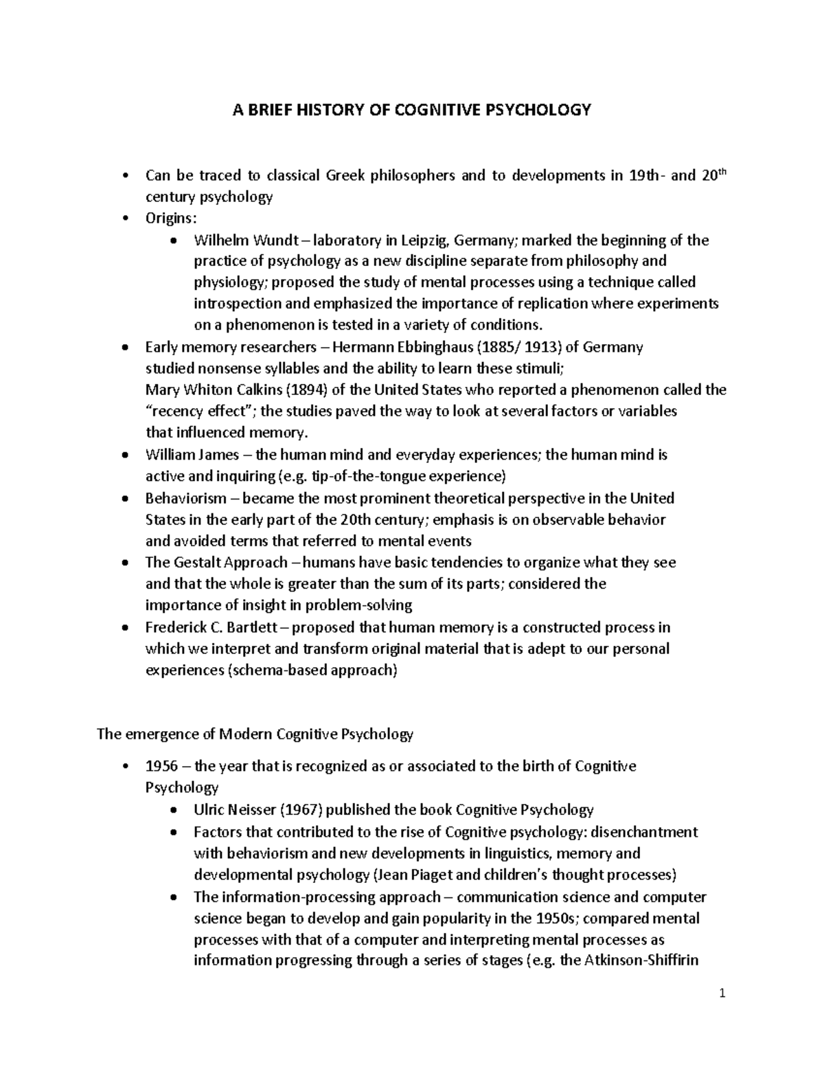 Cognitive Psych History - 1 A BRIEF HISTORY OF COGNITIVE PSYCHOLOGY Can ...