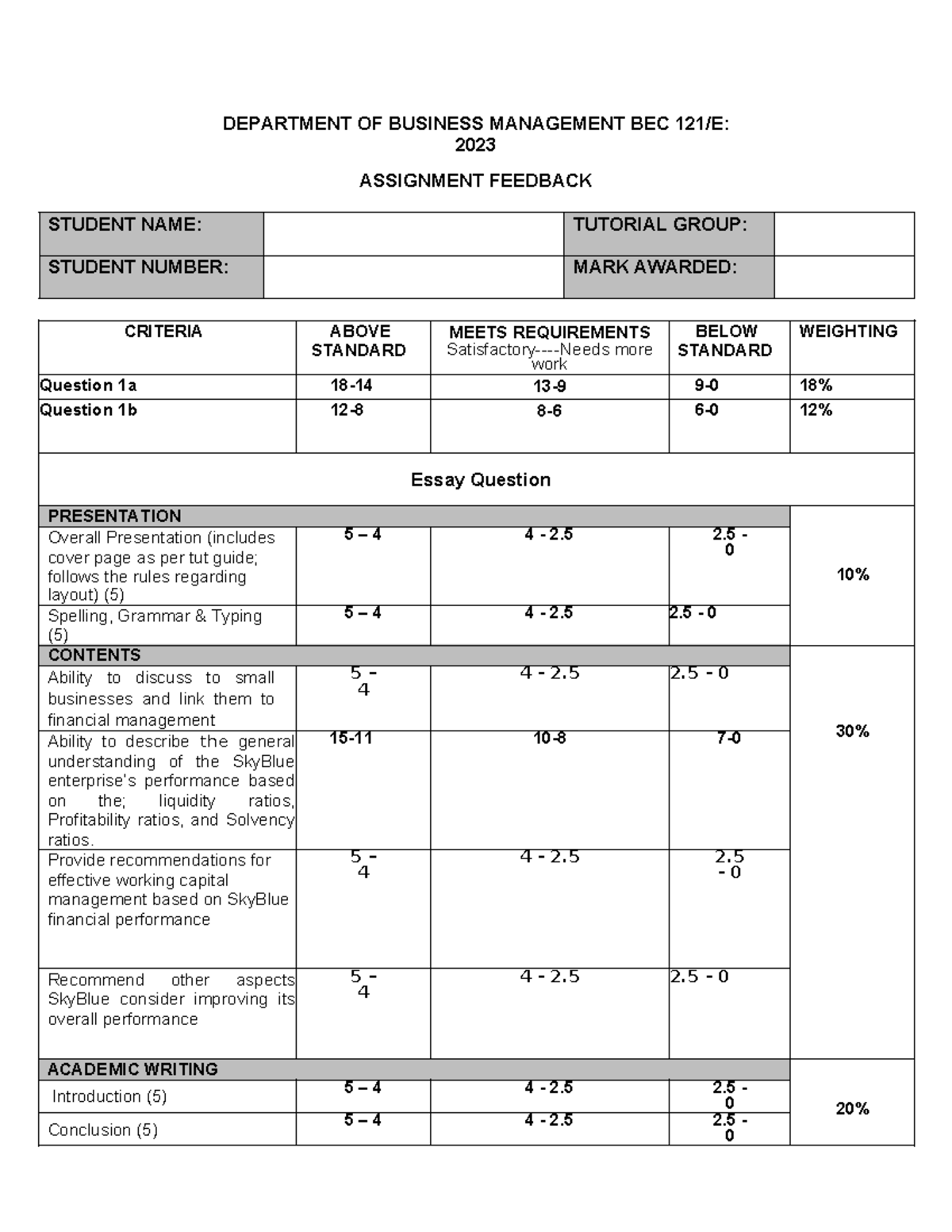 Business Management BEC 121 Rubric - DEPARTMENT OF BUSINESS MANAGEMENT ...