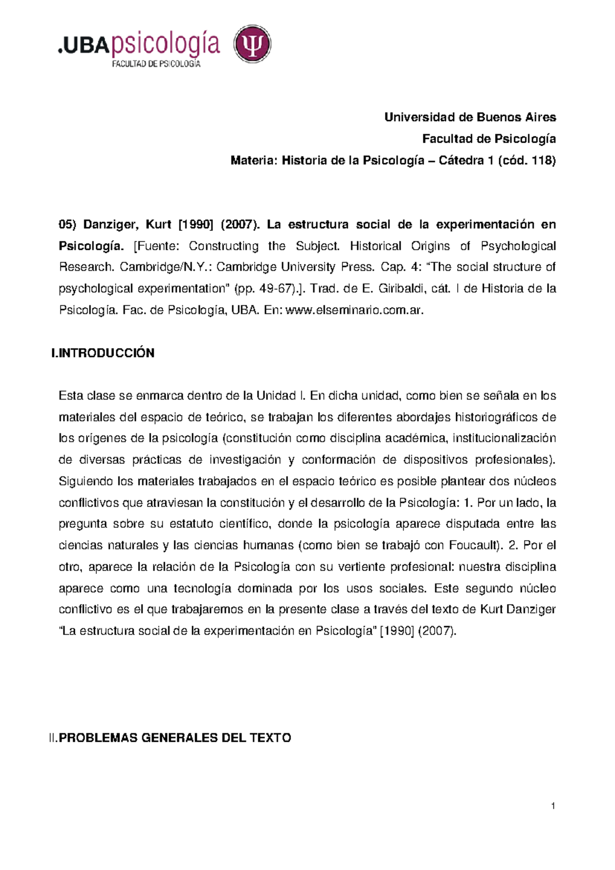 Danziger Estructura social de la experimentacion - Universidad de Buenos Aires Facultad de - Studocu