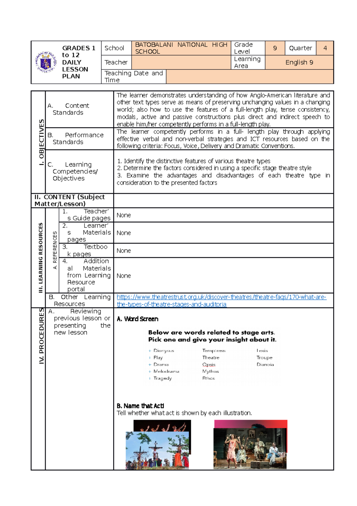 English 9 - Lesson Plan - 3 GRADES 1 to 12 DAILY LESSON PLAN School ...