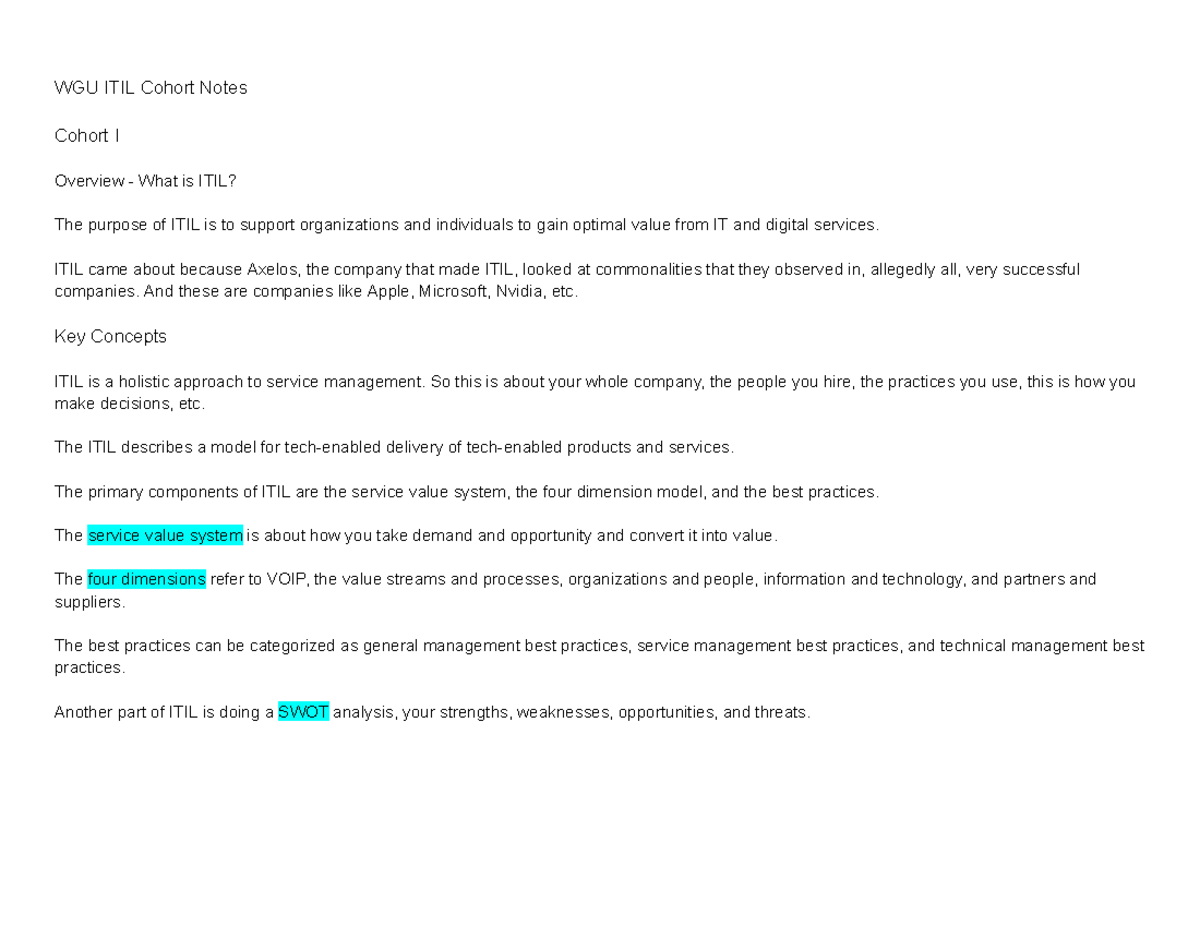 WGU ITIL Cohort Notes - WGU ITIL Cohort Notes Cohort I Overview - What ...