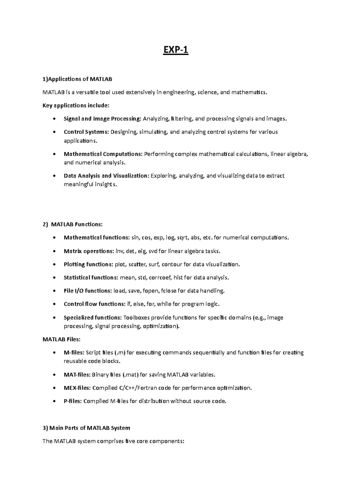 Answers (1 and 2) Signal and System Lab - EXP- 1 1)Applications of MATLAB MATLAB is a versatile ...