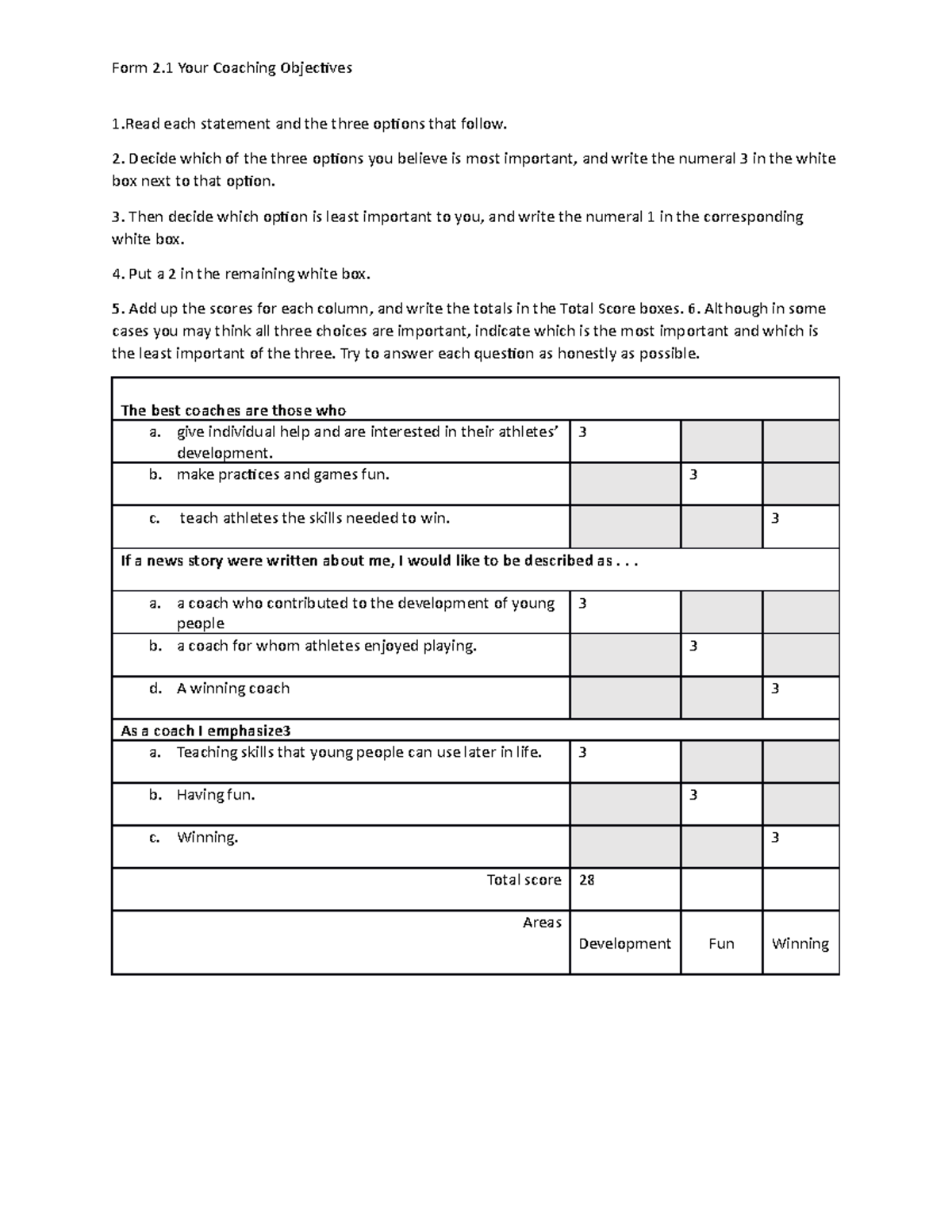 Form 2.1 - Gives you a grading scale - Form 2 Your Coaching Objectives ...