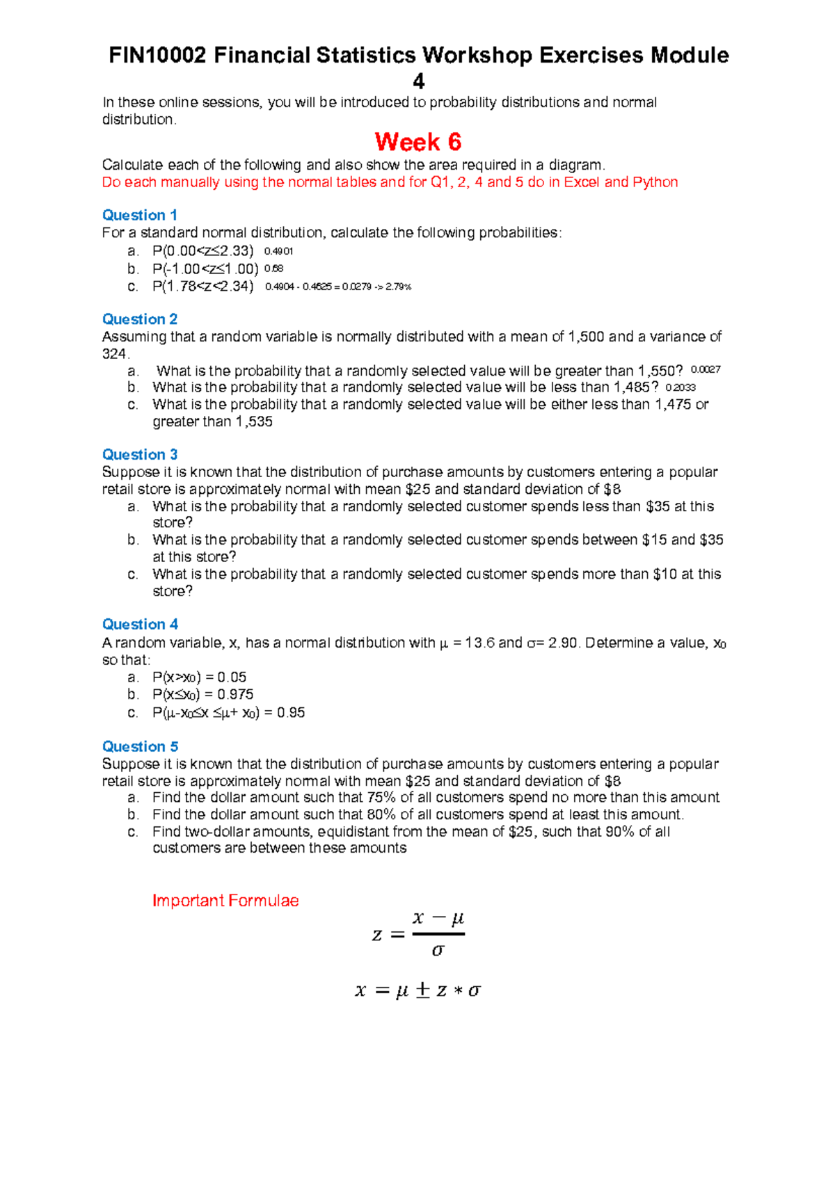 FIN10002 Module 4 Week 6 Workshop-2 - FIN10002 Financial Statistics Workshop Exercises Module 4 ...