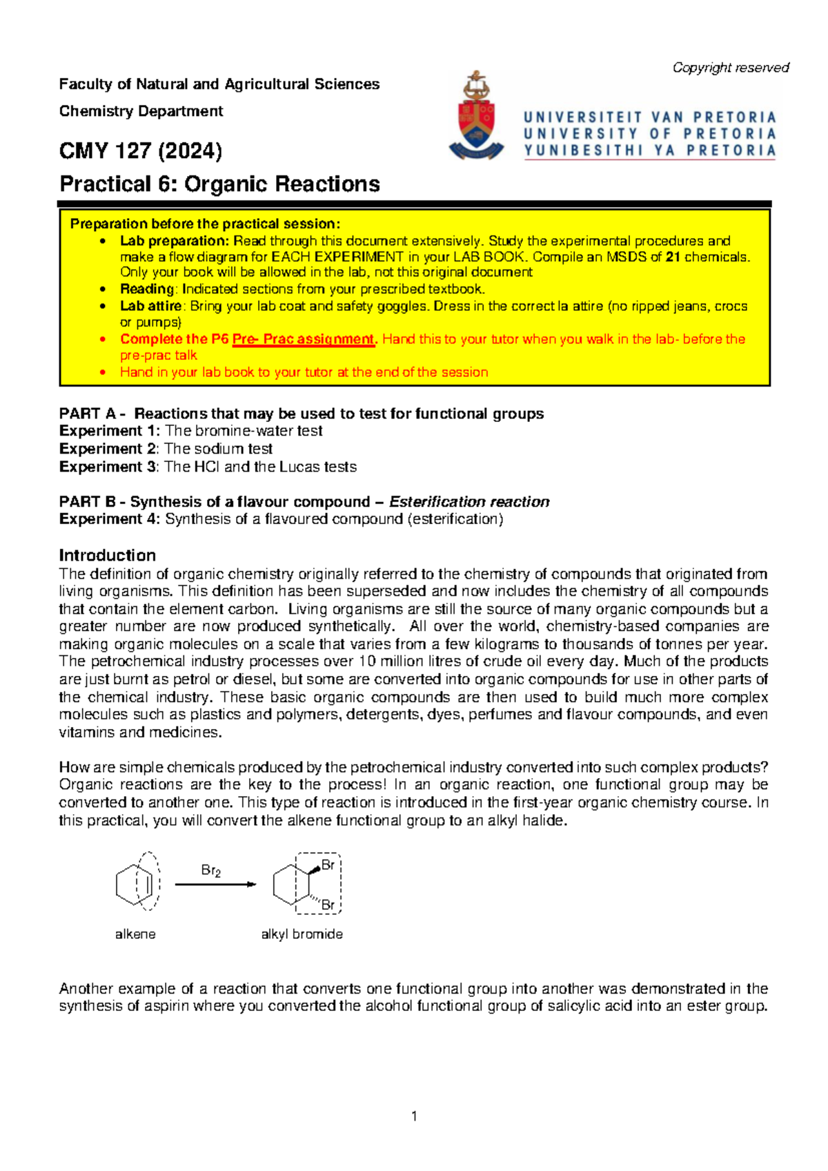 Practical 7 Organic Reactions Instructions CMY 127 2024 - Copyright ...