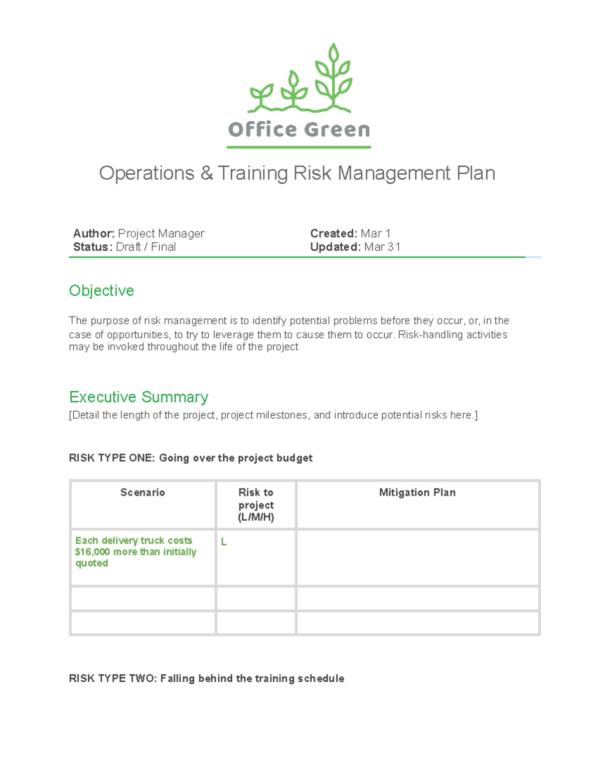 Activity Template Risk management plan - Operations & Training Risk ...
