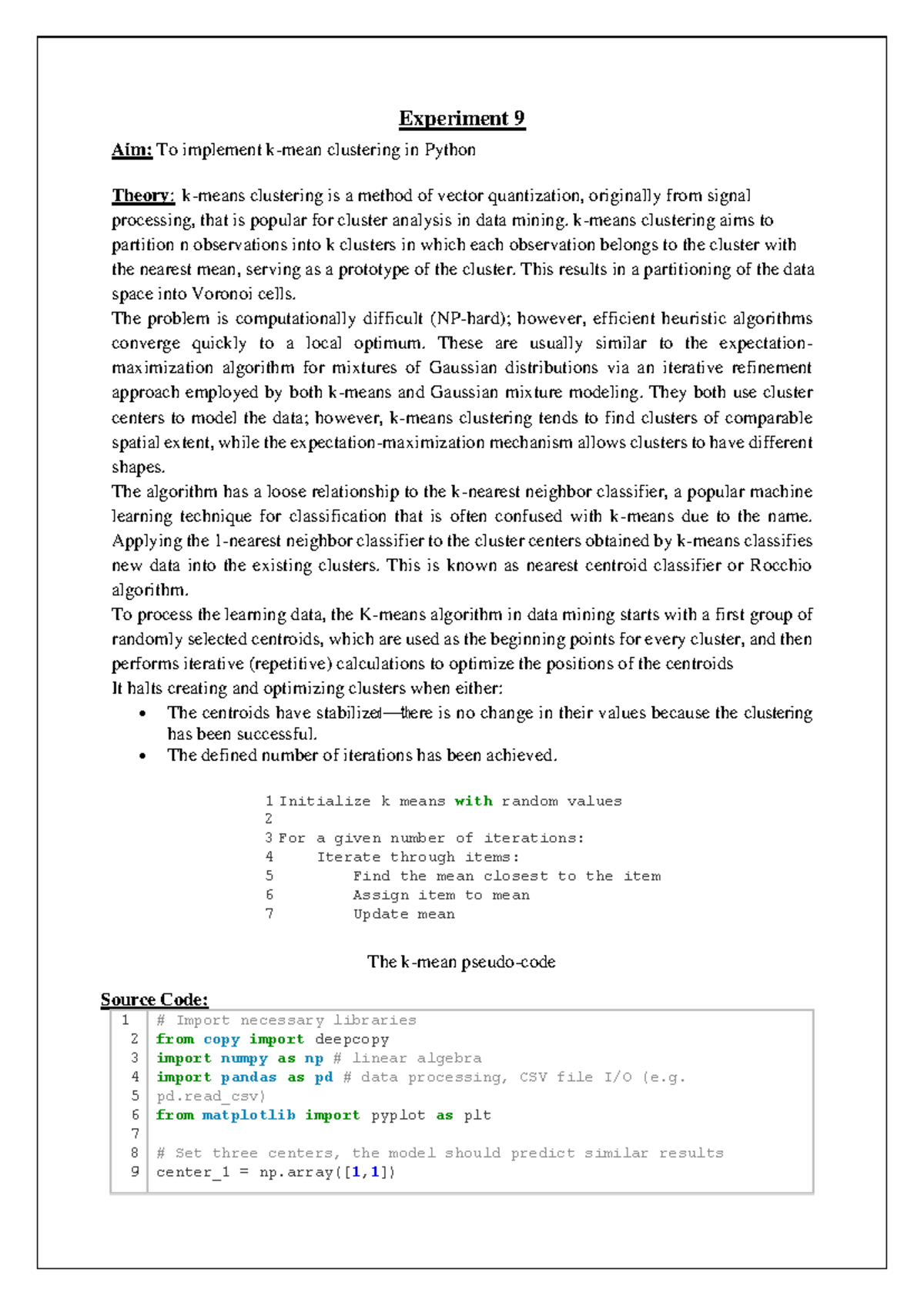 11.0 K Means Clustering - Experiment 9 Aim: To implement k-mean ...