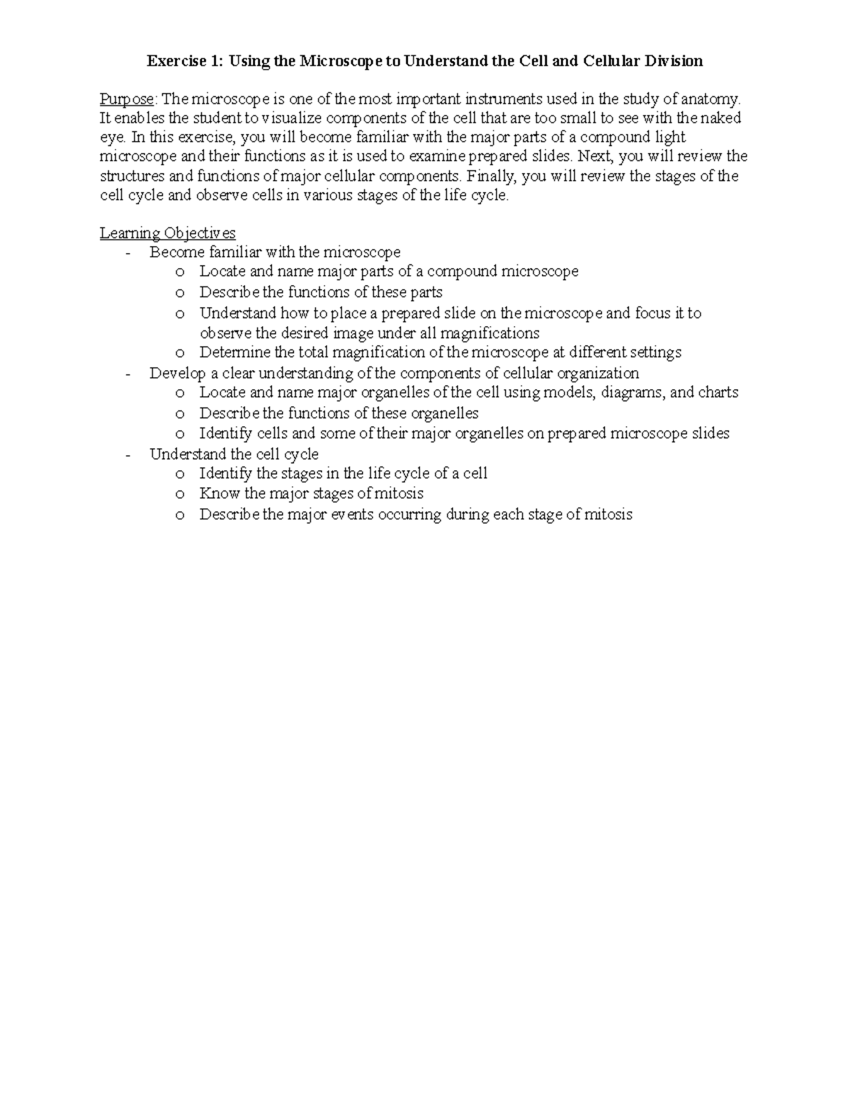 Exercise 1 - Lab Manual - Exercise 1: Using the Microscope to ...