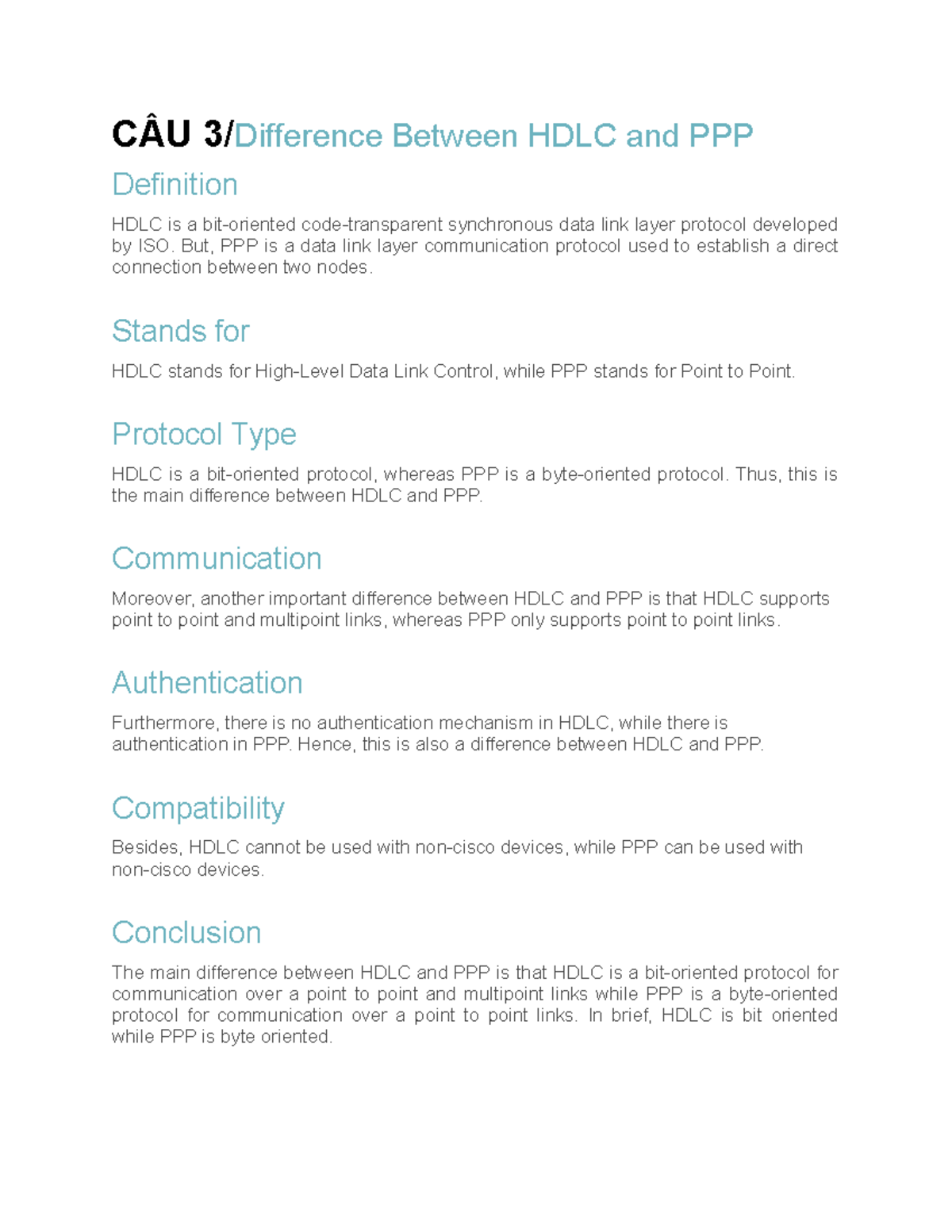 Baitap 2022 - good - CÂU 3/Difference Between HDLC and PPP Definition ...