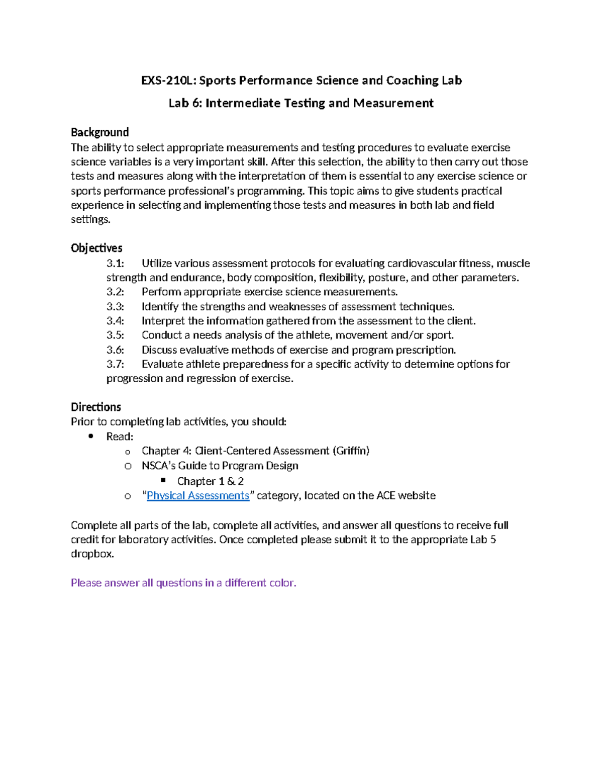 Lab 6 - 100% - EXS-210L: Sports Performance Science and Coaching Lab ...