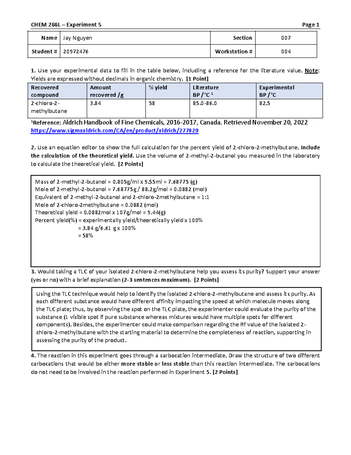 CHEM 266 L Exp 5 Page 1 Template - CHEM 266L – Experiment 5 Page 1 Name ...