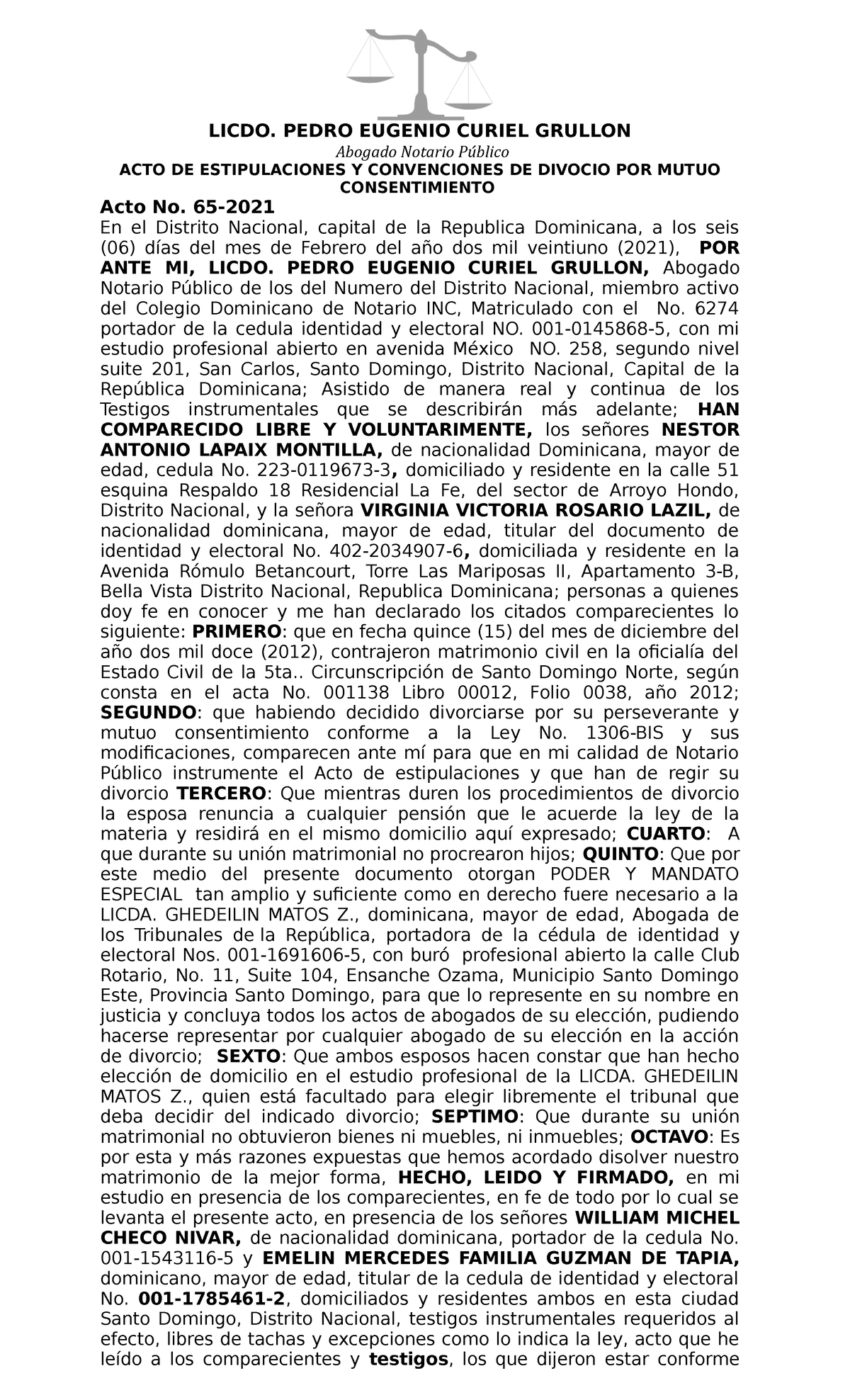 ACTO DE Estipulaciones Y Convenciones nestor la paix montilla Pedro ...