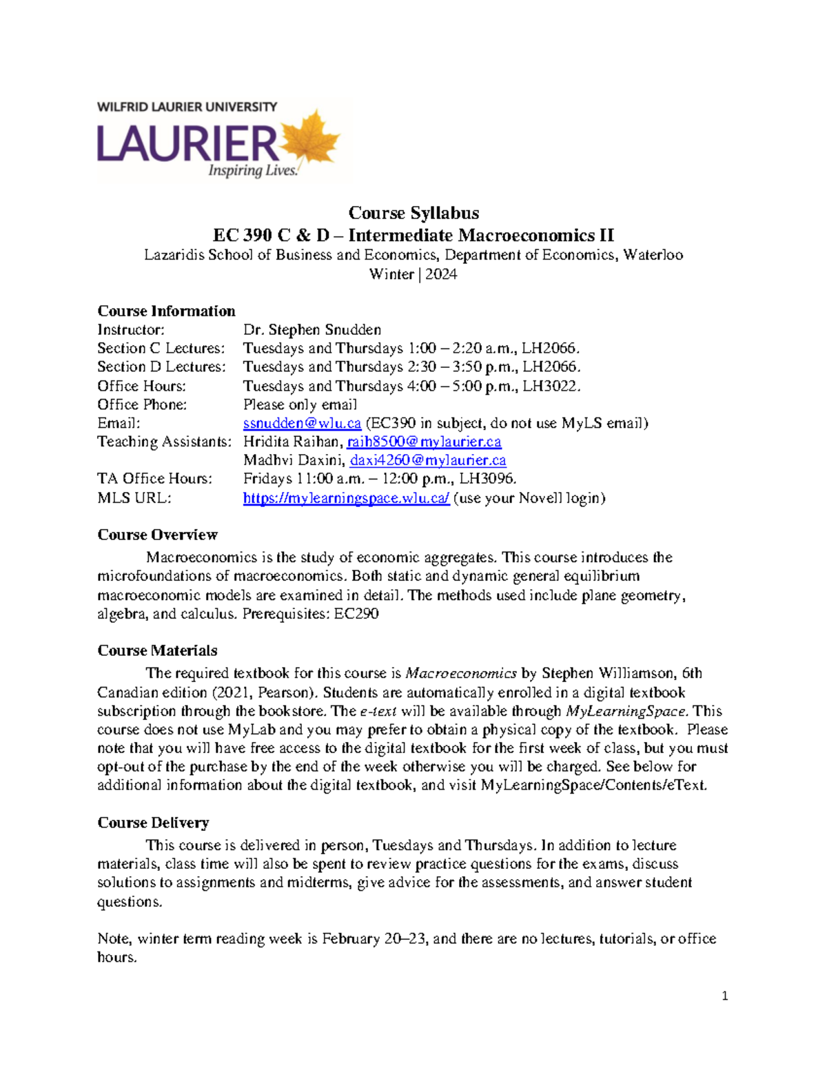 Syllabus EC390 W2024 - Course Syllabus EC 390 C & D – Intermediate Macroeconomics II Lazaridis ...