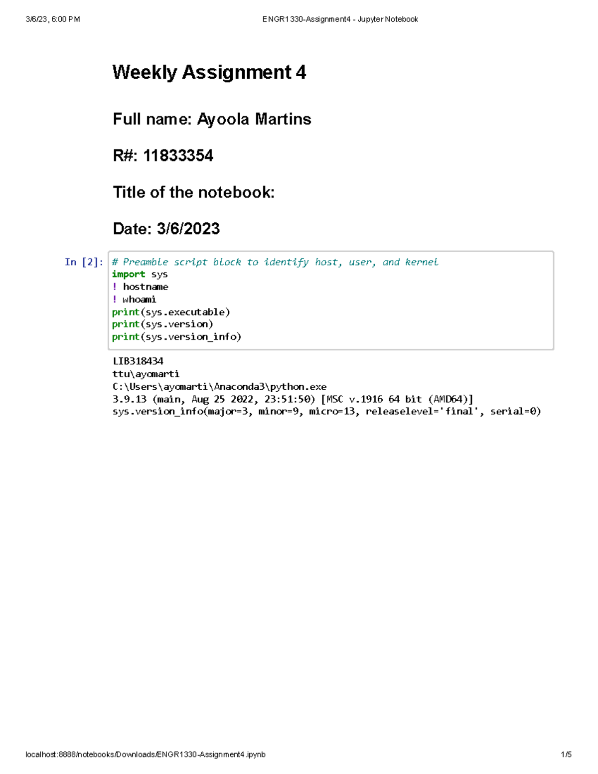 Assignment 4 Done Jupyter Notebook Weekly Assignment 4 Full Name Ayoola Martins R 11833354