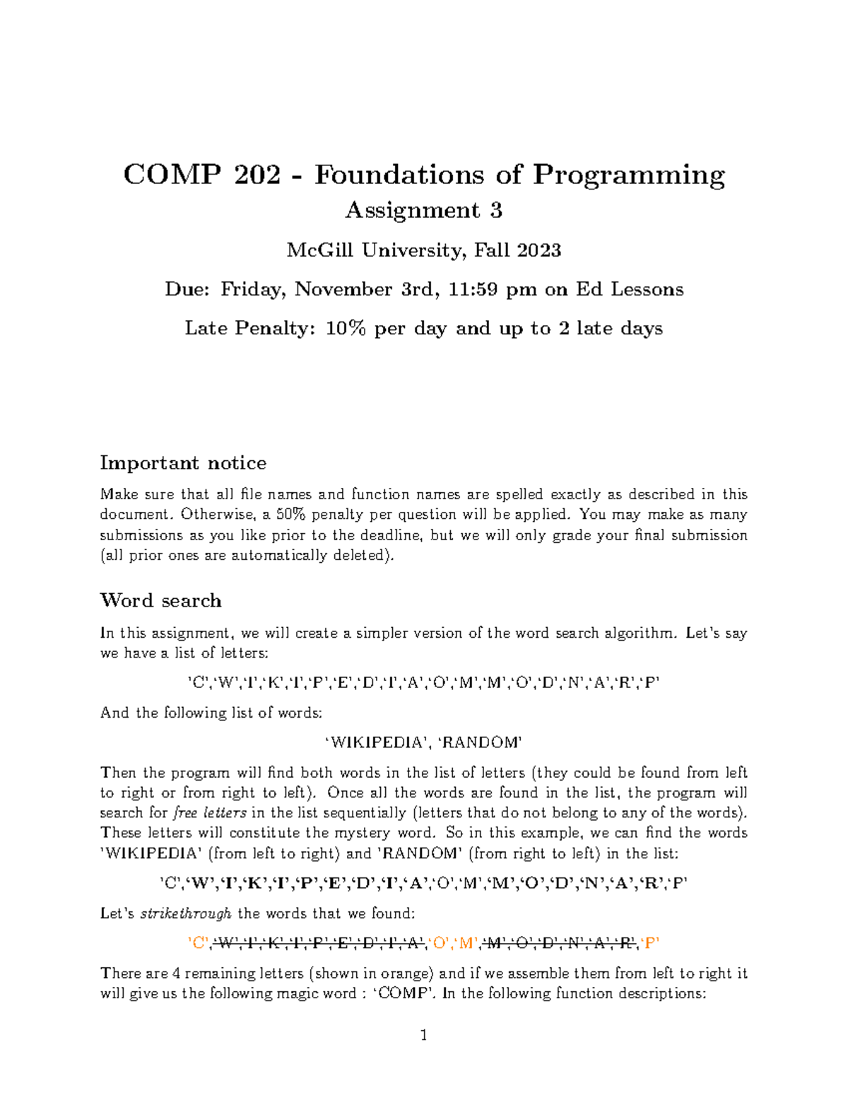 Comp202 Fall23 A3 Cs Assignment Comp 202 Foundations Of Programming Assignment 3 Mcgill