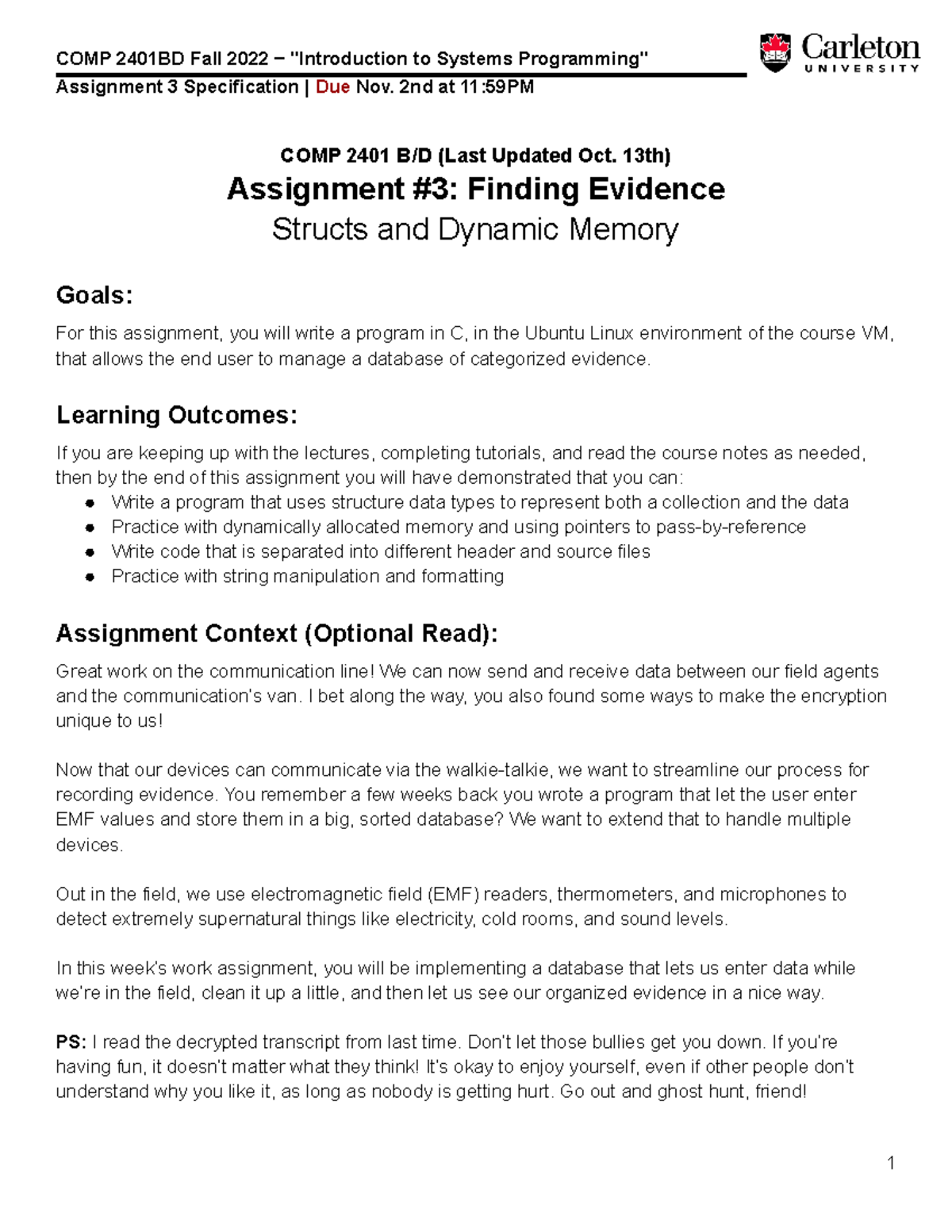 Assignment 3 Specification-1 - Assignment 3 Specification |DueNov. 2nd at 11:59PM COMP 2401 B/D ...