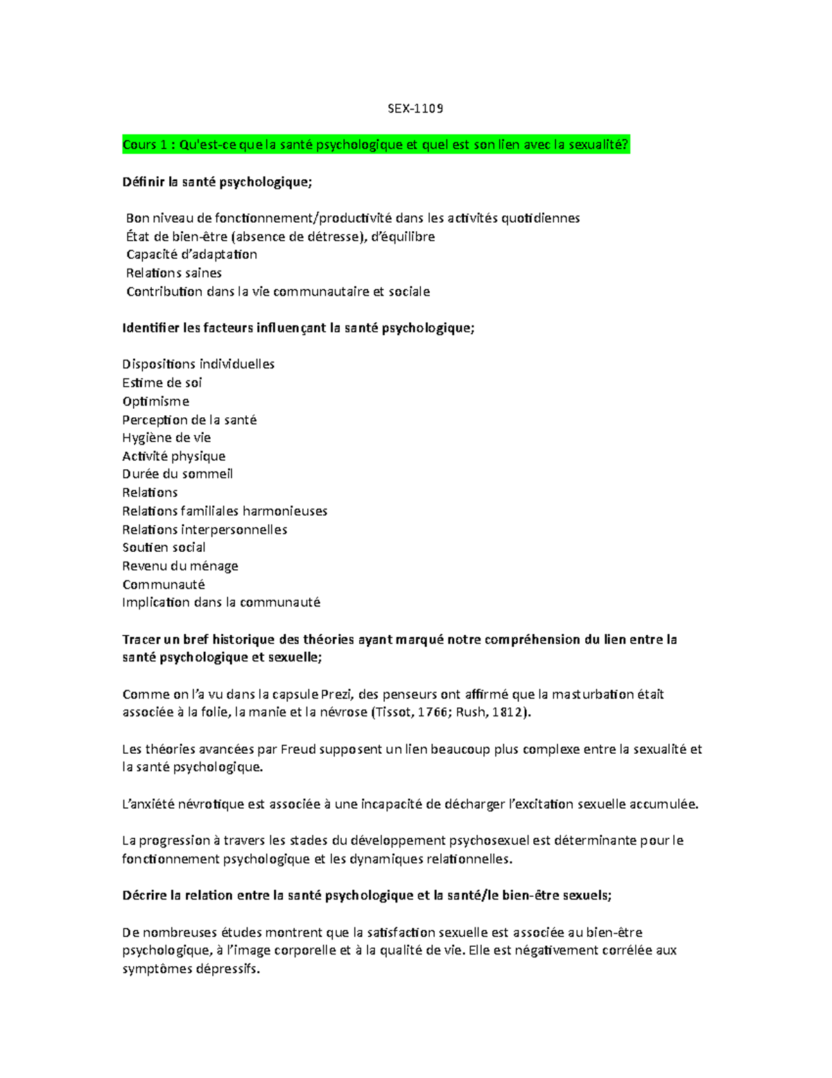 Notes Résumé Des Objectifs Cours 1 Sex Cours 1 Quest Ce Que La
