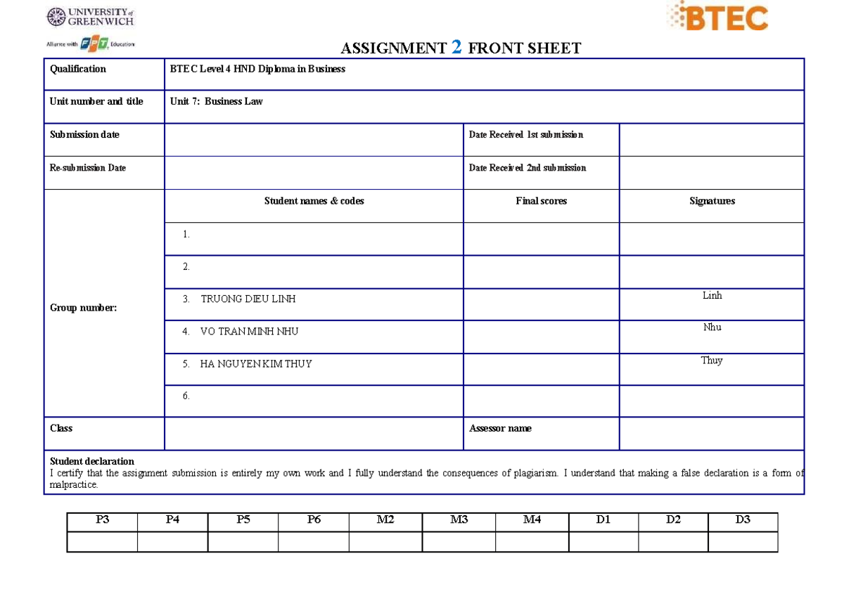 HA Nguyen KIM THUY - diy - ASSIGNMENT 2 FRONT SHEET Qualification BTEC Level 4 HND Diploma in ...