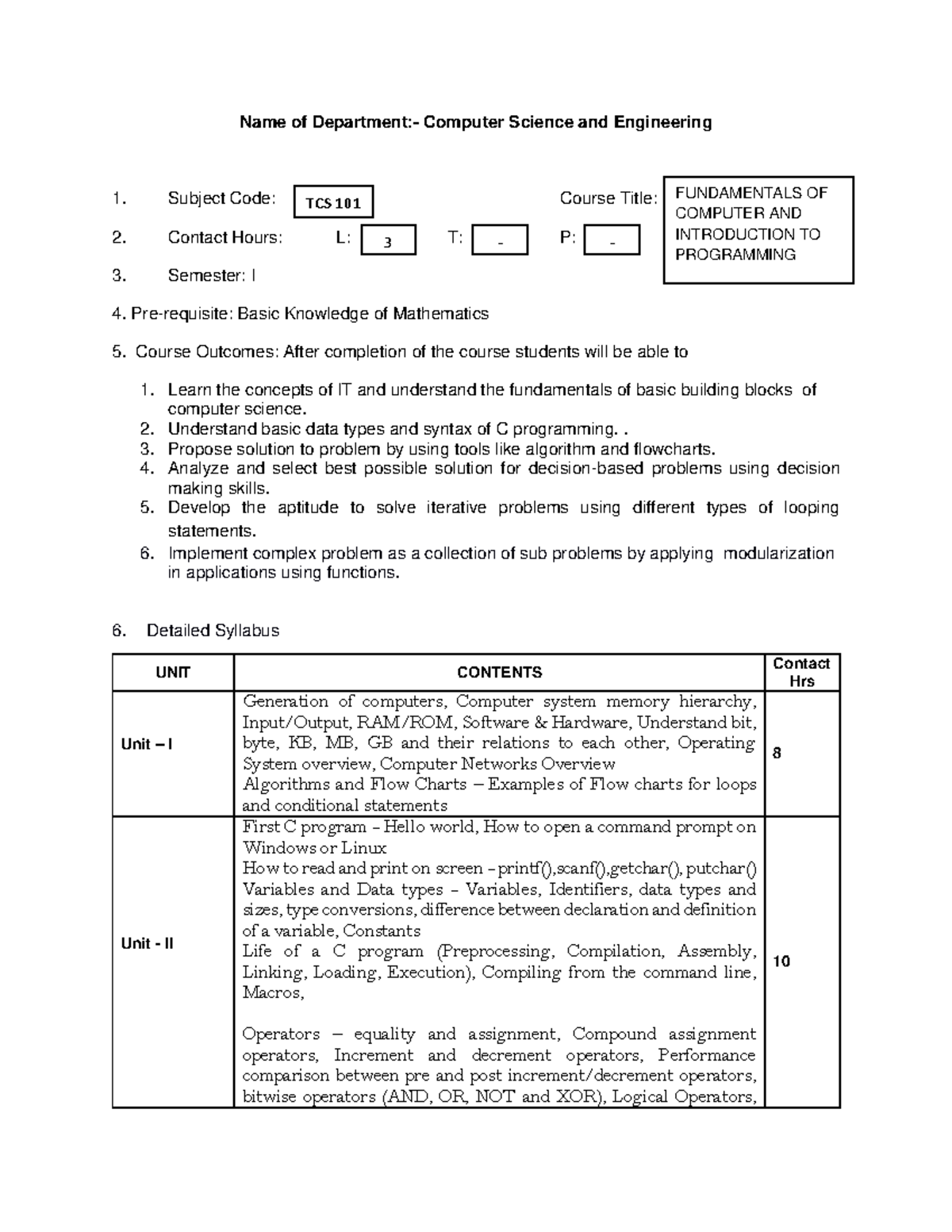 Syllabus CSE - Name of Department:- Computer Science and Engineering 1 ...