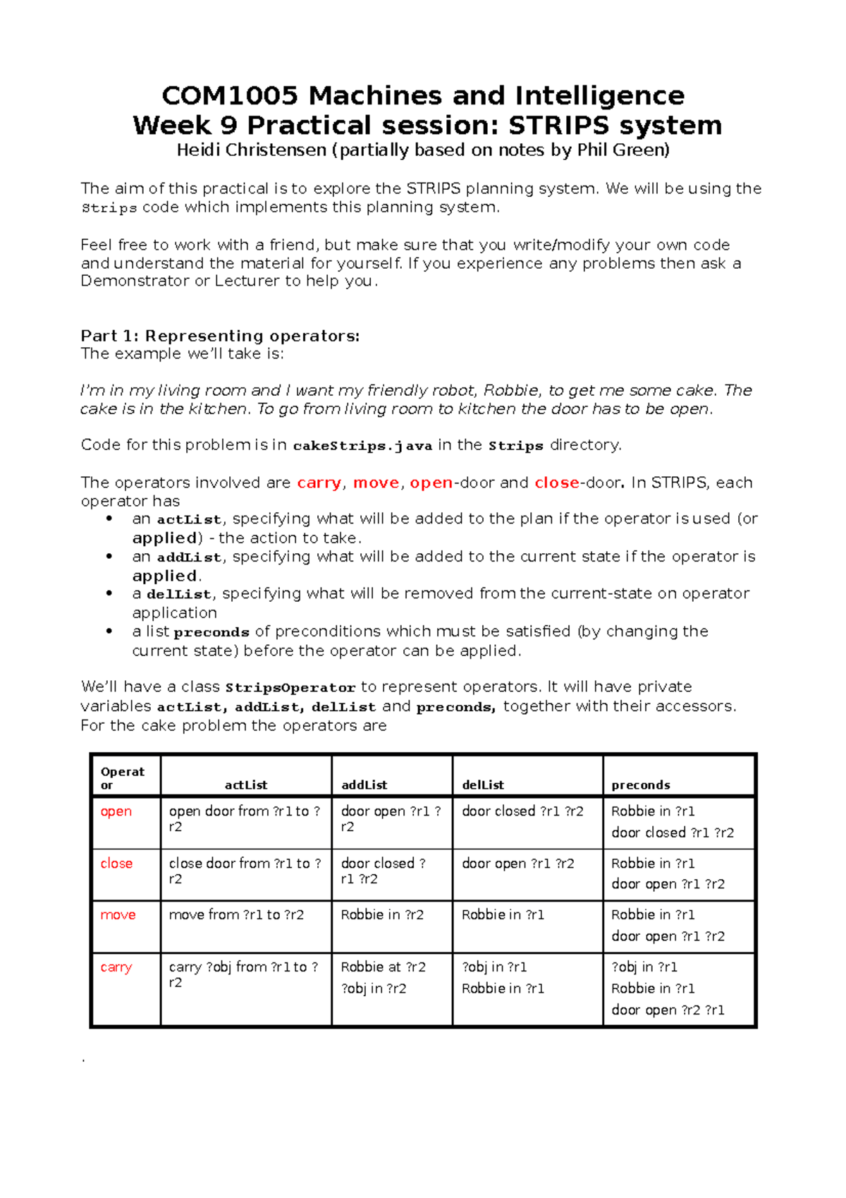 Com1005 week9 labclass - COM1005 Machines and Intelligence Week 9 Practical session: STRIPS ...