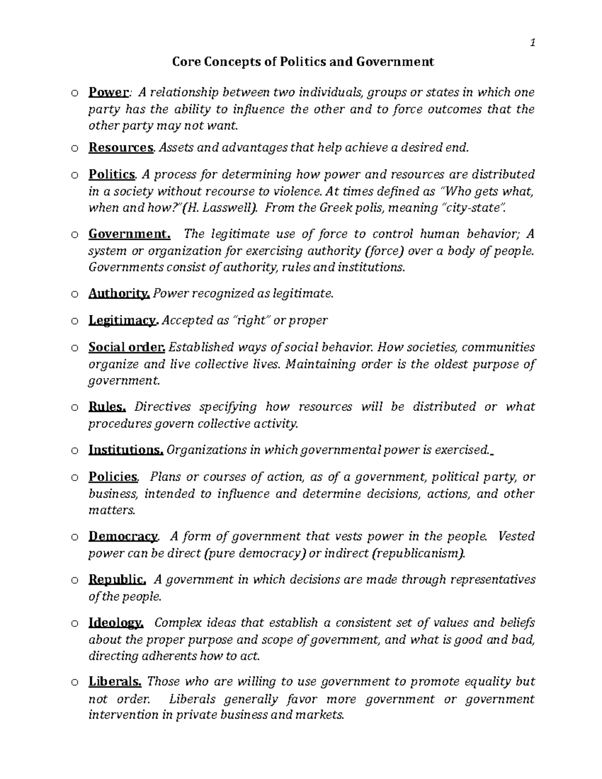 Core Concepts of Politics and Government - o Resources. Assets and ...