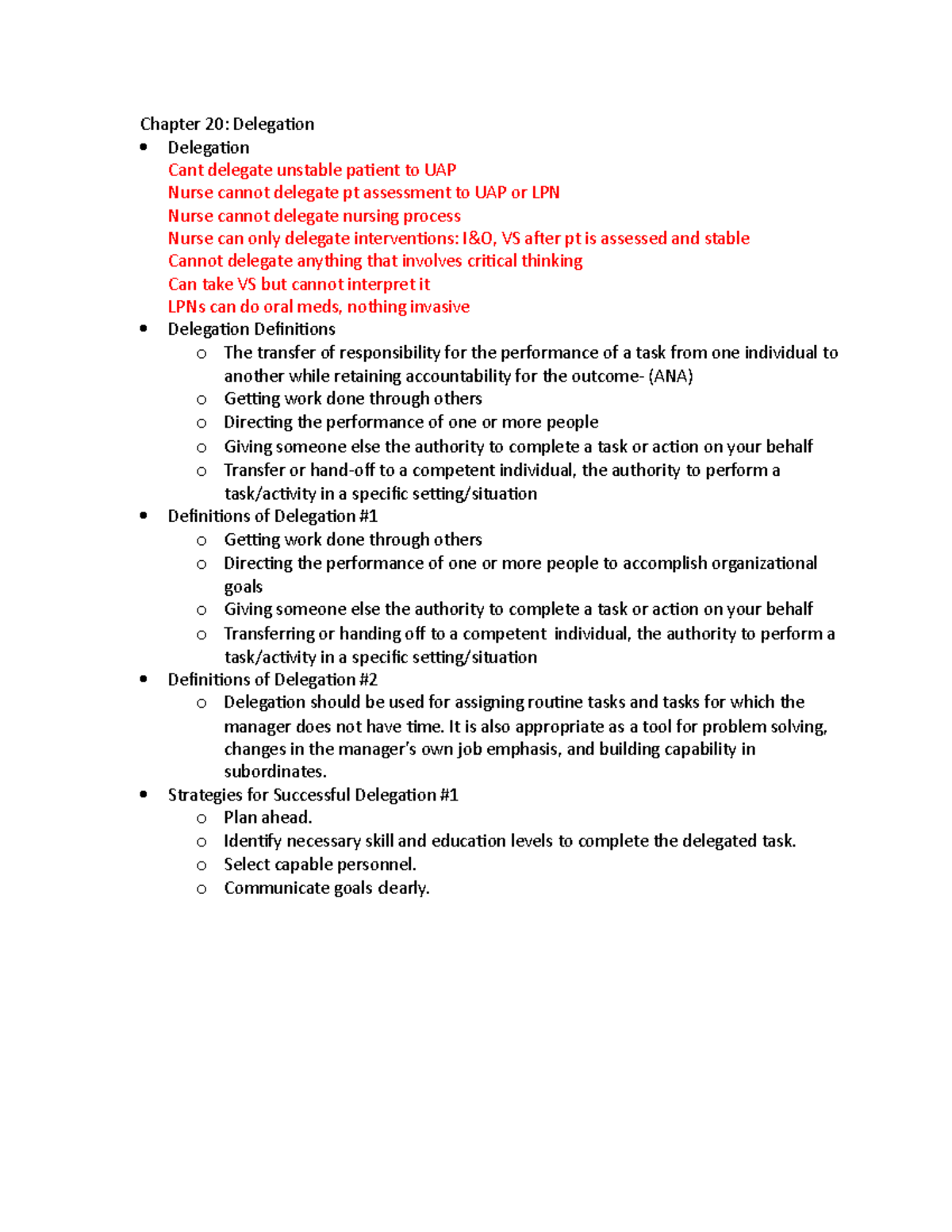 Exam 4 LS - notes - Chapter 20: Delegation Delegation Cant delegate ...