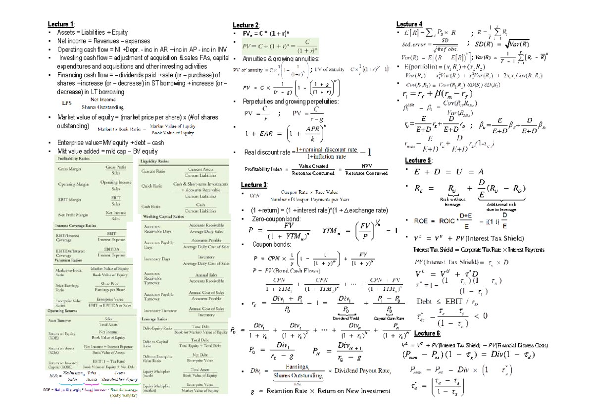 Formula sheet - Lecture notes 1 - Lecture 1 : Assets = Liabilities ...