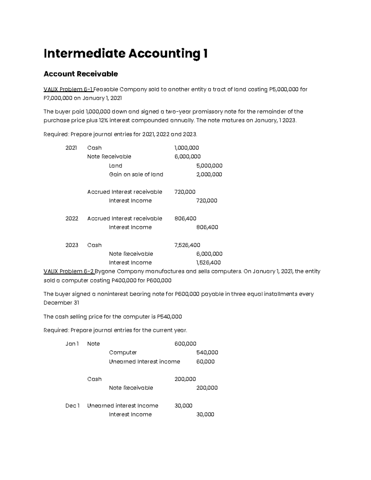 Intermediate Accounting 1 solman - Intermediate Accounting 1 Account Receivable VALIX Problem 6 ...