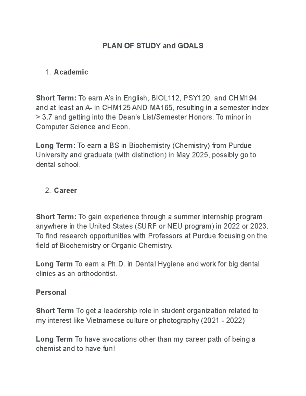 Plan of Study and Goals - PLAN OF STUDY and GOALS Academic Short Term ...