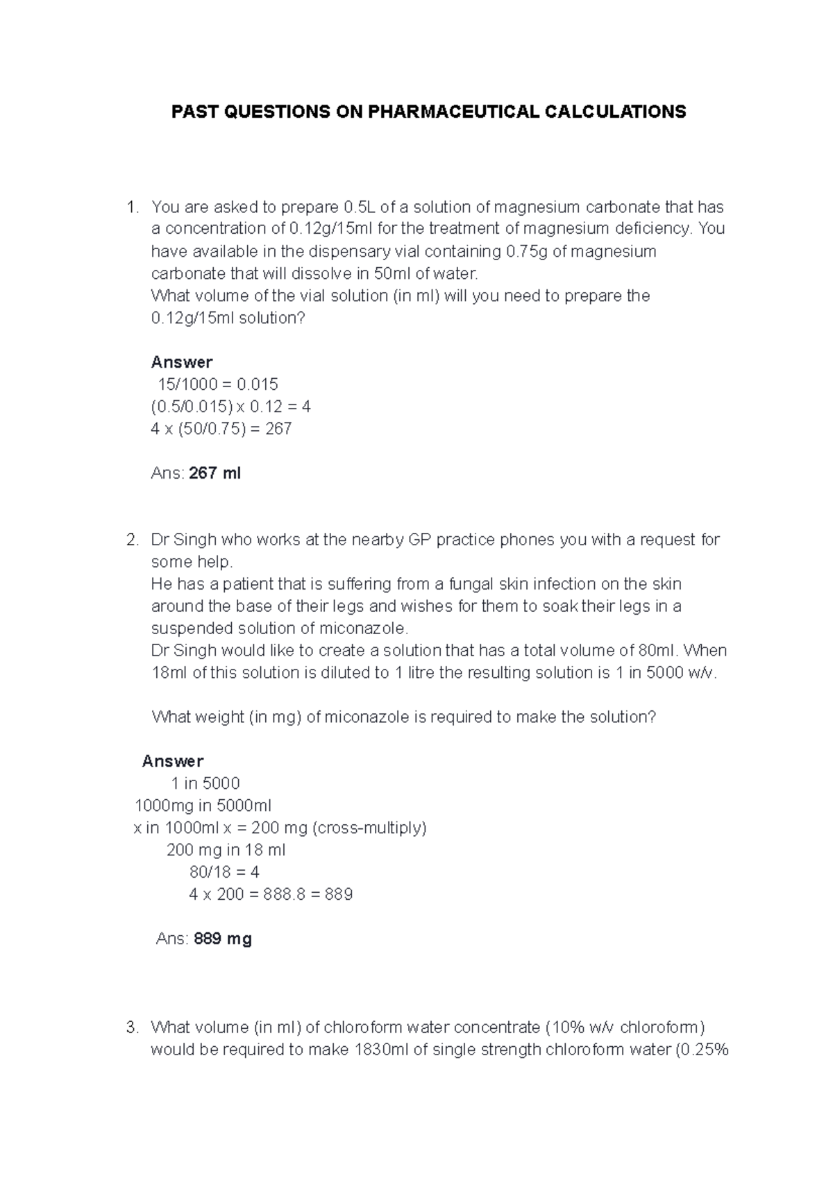 PHARAMCEUTICAL CALCULATION - PAST QUESTIONS ON PHARMACEUTICAL ...