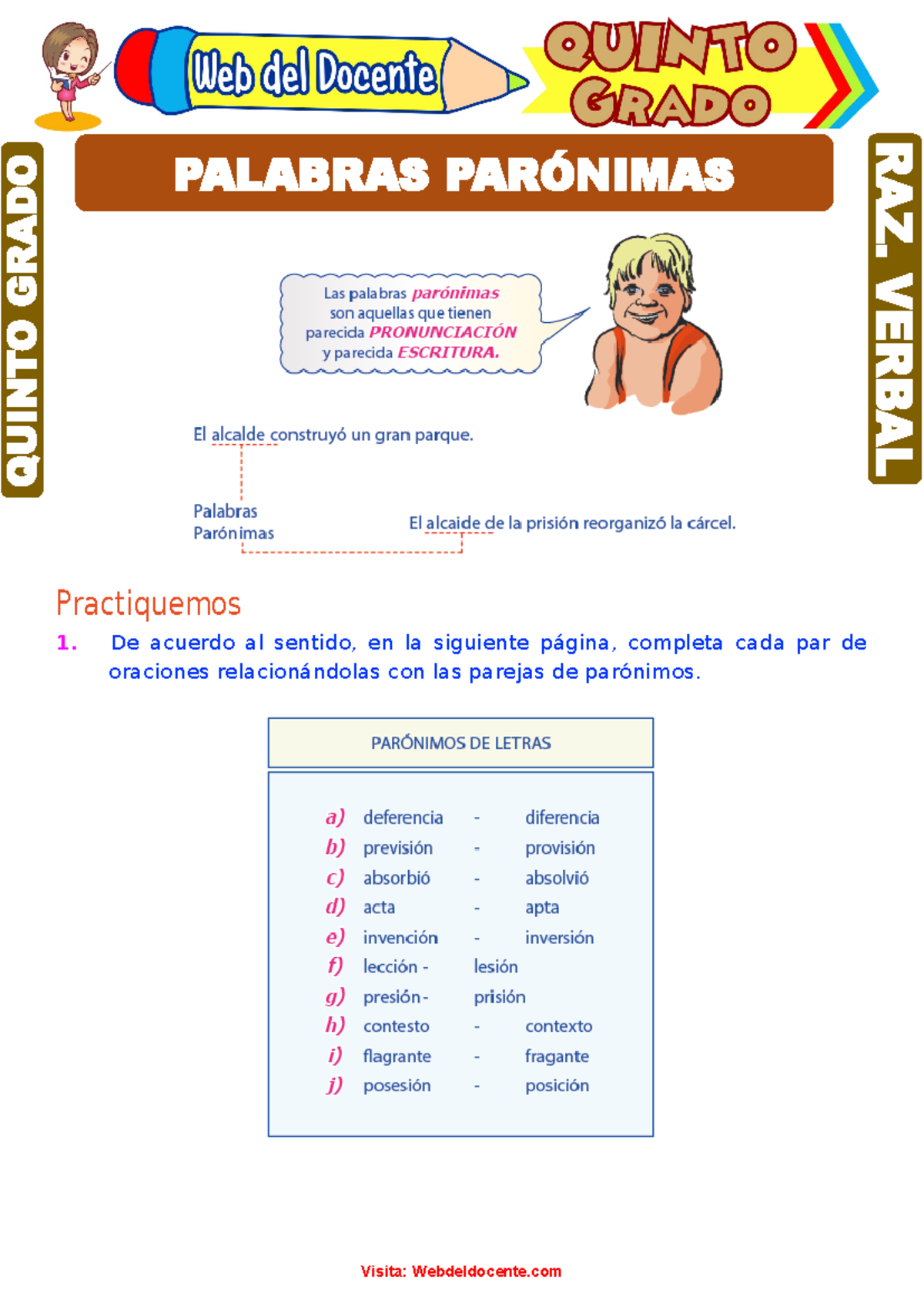 Palabras-Parónimas-para-Quinto-Grado-de-Primaria - Practiquemos 1. De acuerdo al sentido, en la ...