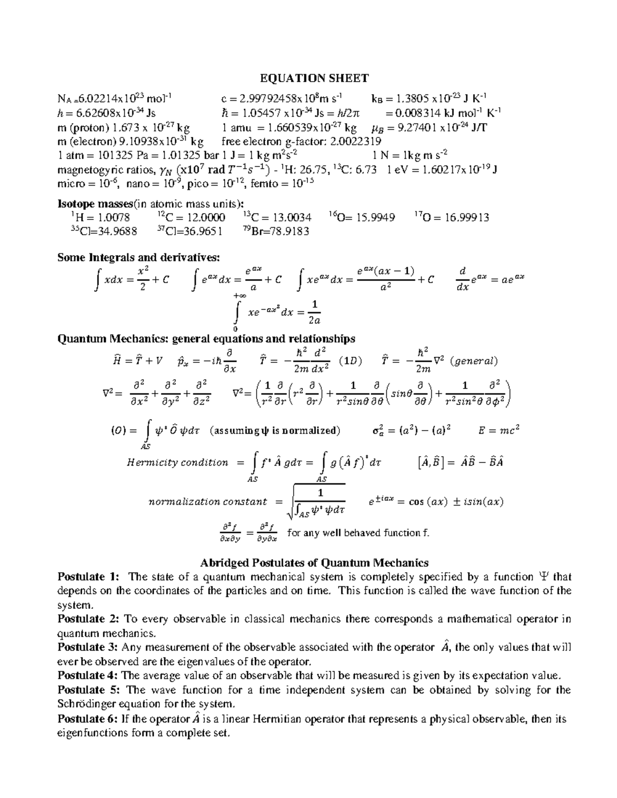 Final Exam Equation Sheet (tentative) - EQUATION SHEET NA =6 23 mol-1 c ...