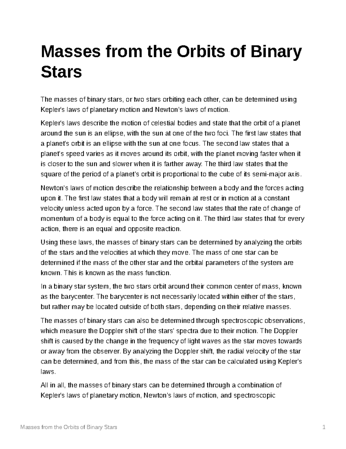 Masses from the Orbits of Binary Stars - Kepler's laws describe the motion of celestial bodies ...