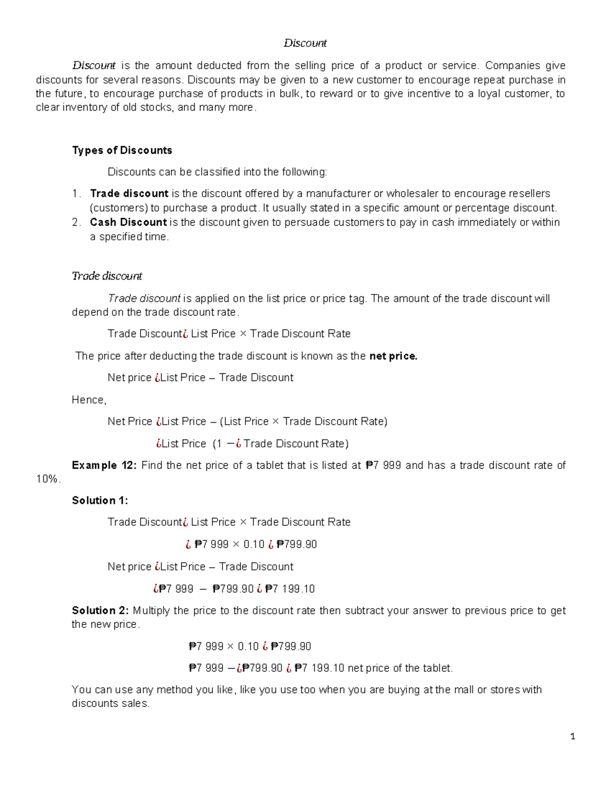 Discount and Mark up Mark down Lesson - Discount Discount is the amount ...