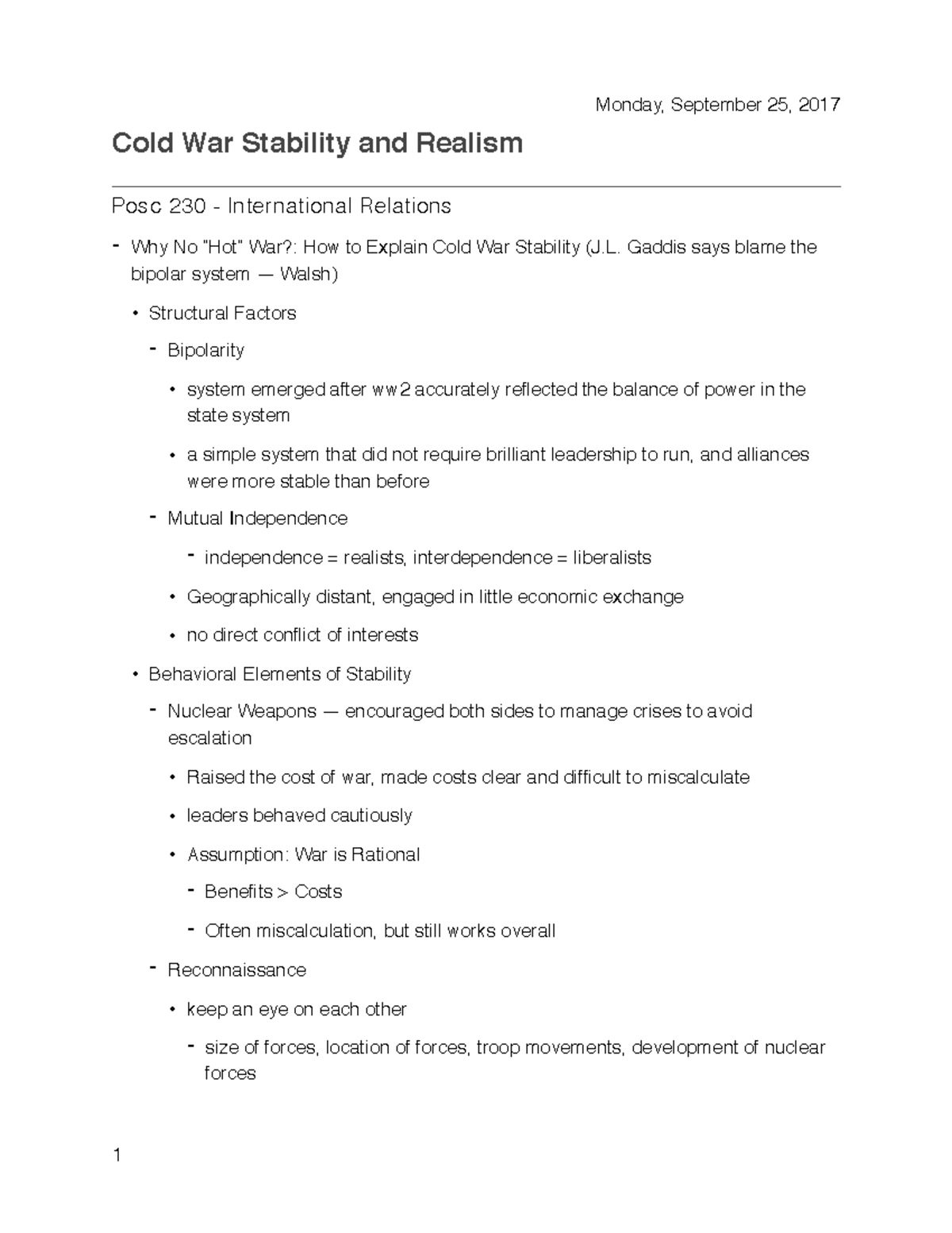 Cold War Stability and Realism - Monday, September 25, 2017 Cold War ...