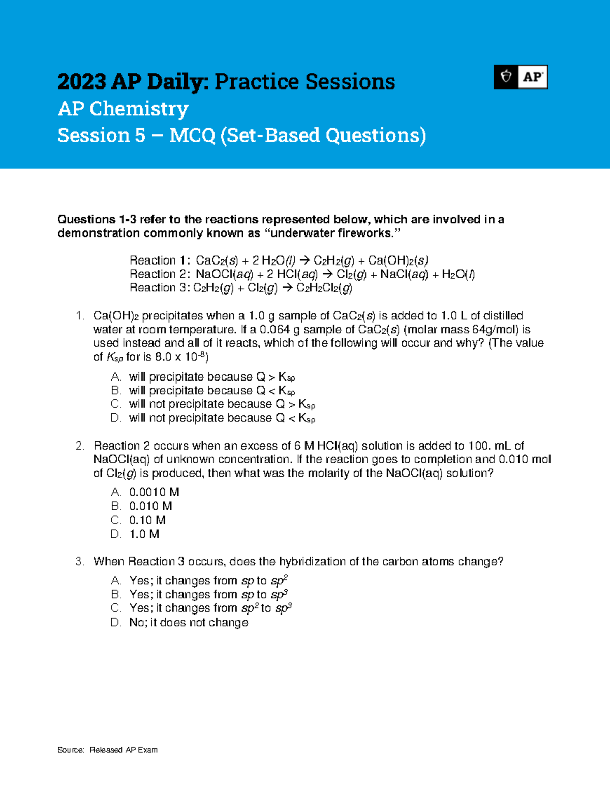 Session 5 Chemistry 2023 AP Daily Practice Sessions - Source: Released ...