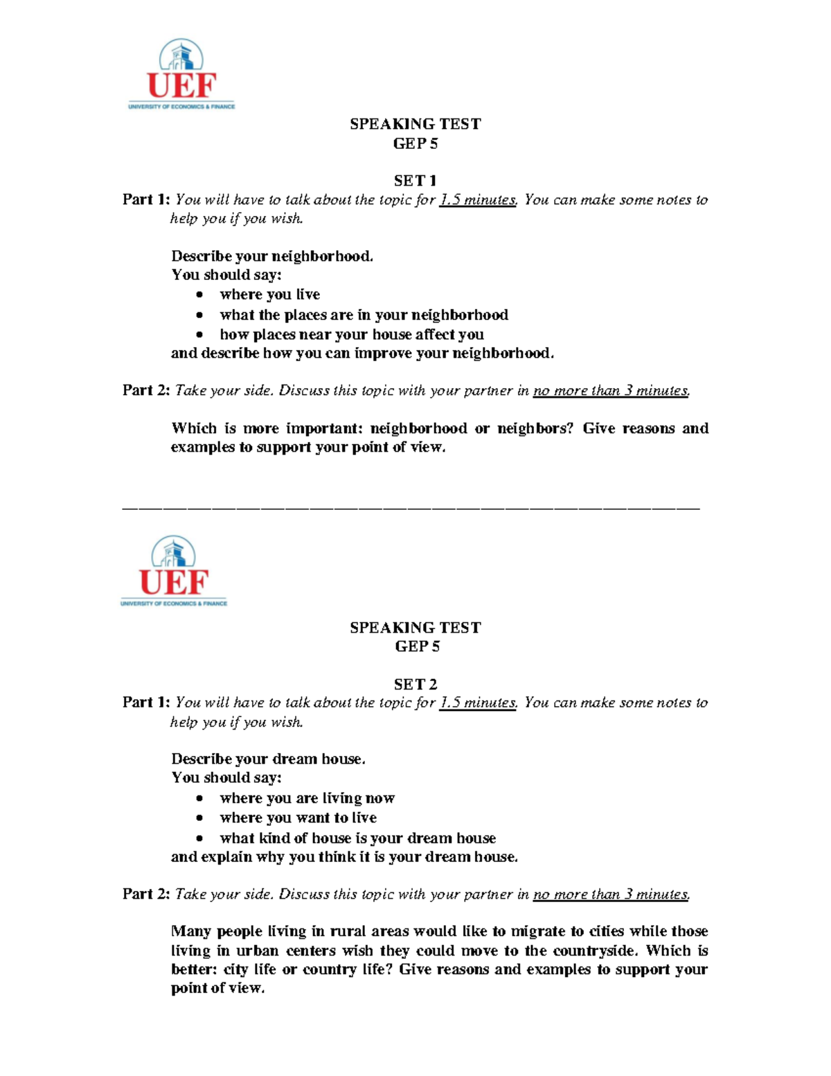 Speaking Test GEP5 Questions - GEP 5 SET 1 Part 1: You will have to ...