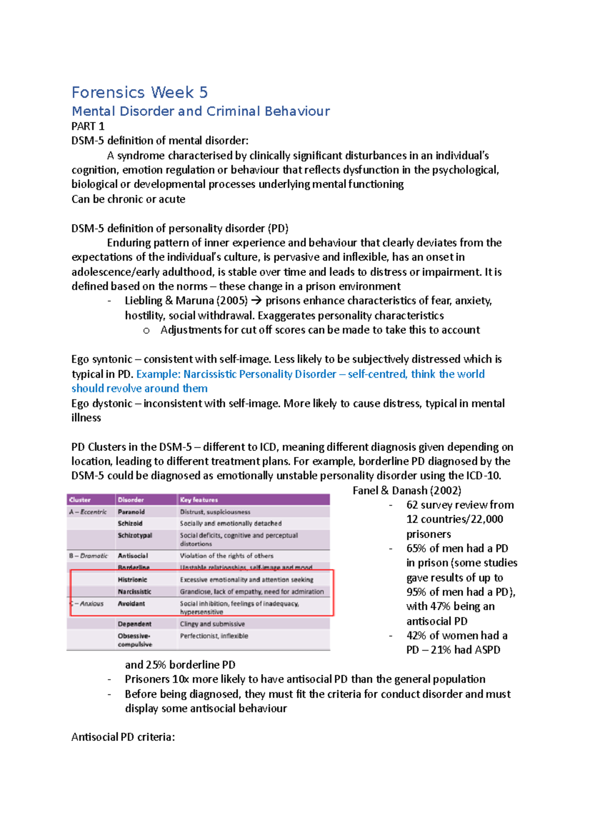 Forensics Week 5 - Lecture notes 5 - Forensics Week 5 Mental Disorder ...