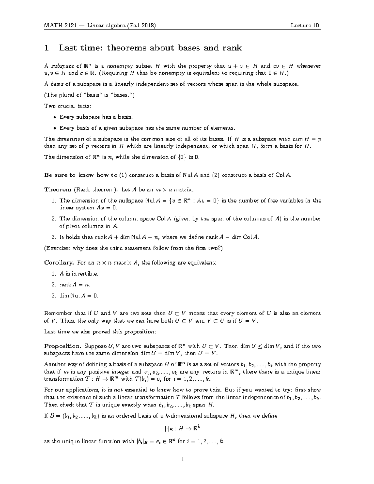 10 Math2121 Fall2018 - Eric Marberg - MATH 2121 Linear algebra (Fall 2018) 1 Lecture 10 Last ...