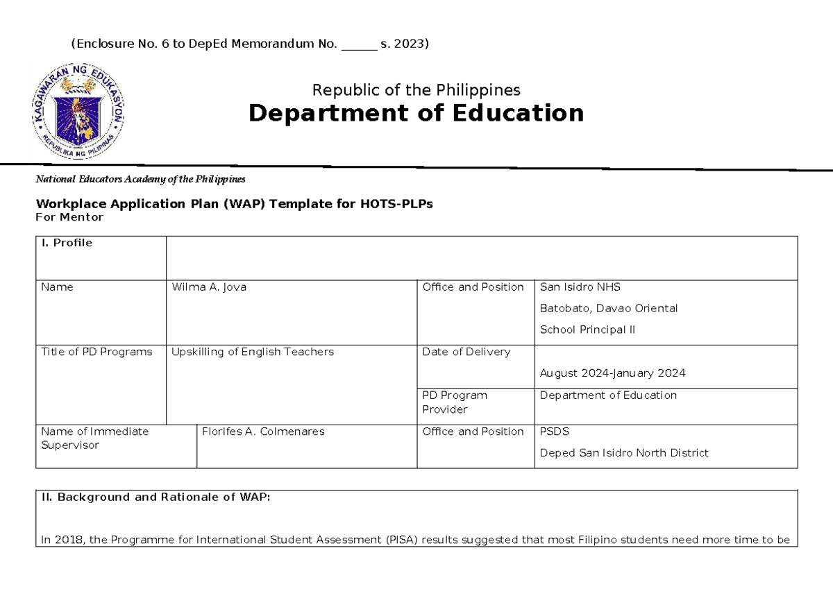 S7 Sample WAP FOR Mentors - (Enclosure No. 6 to DepEd Memorandum No ...