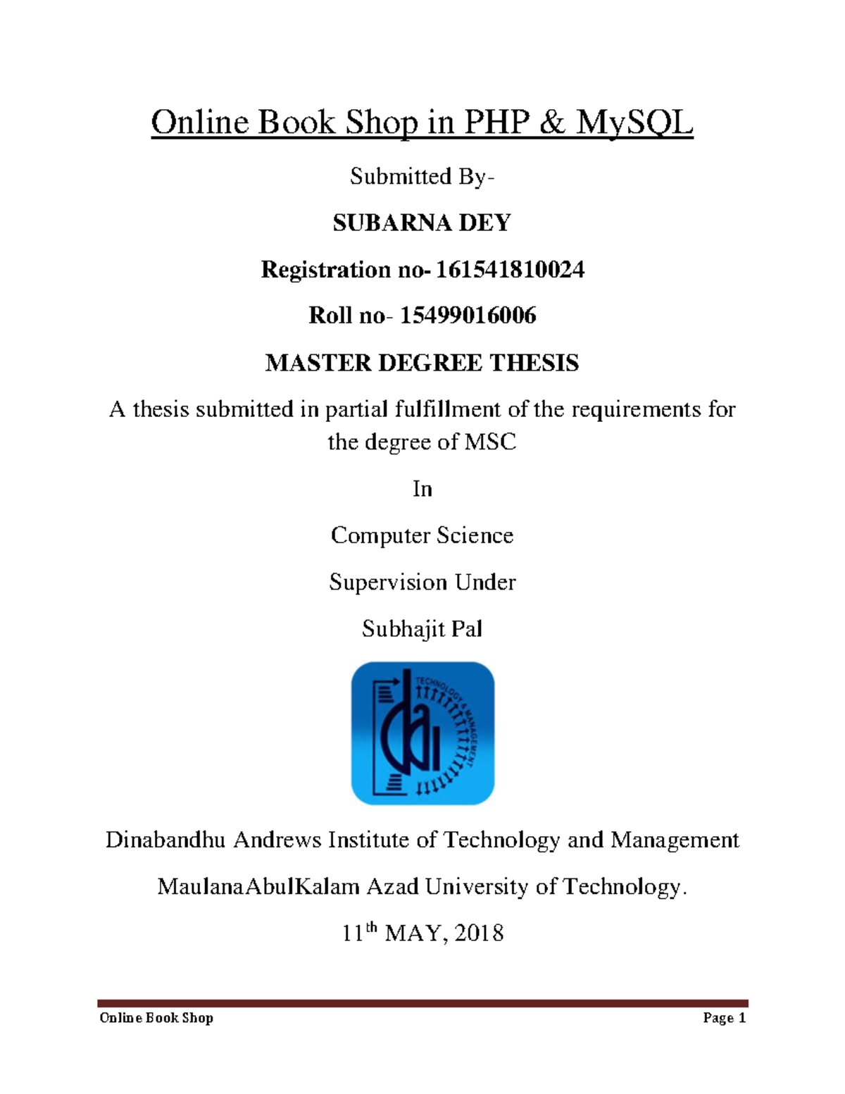 Book store report - best - Online Book Shop in PHP & MySQL Submitted By- SUBARNA DEY - Studocu