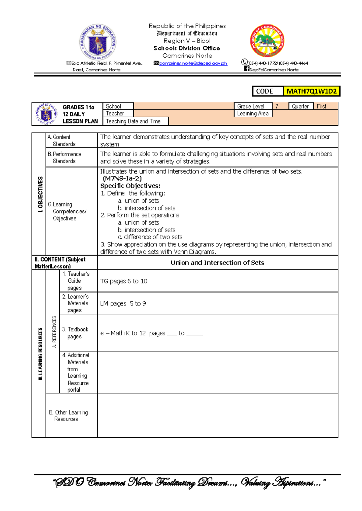 MATH7Q1W1D2 - Daily Lesson Plan in mathematics - Department of ...