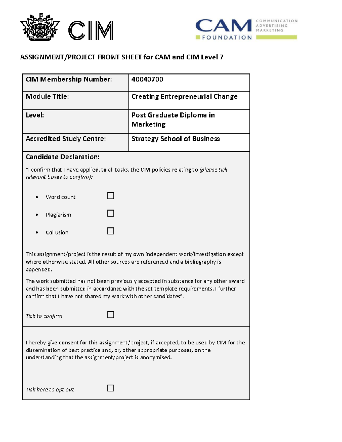 CEC Nike Final-final - ASSIGNMENT/PROJECT FRONT SHEET for CAM and CIM ...