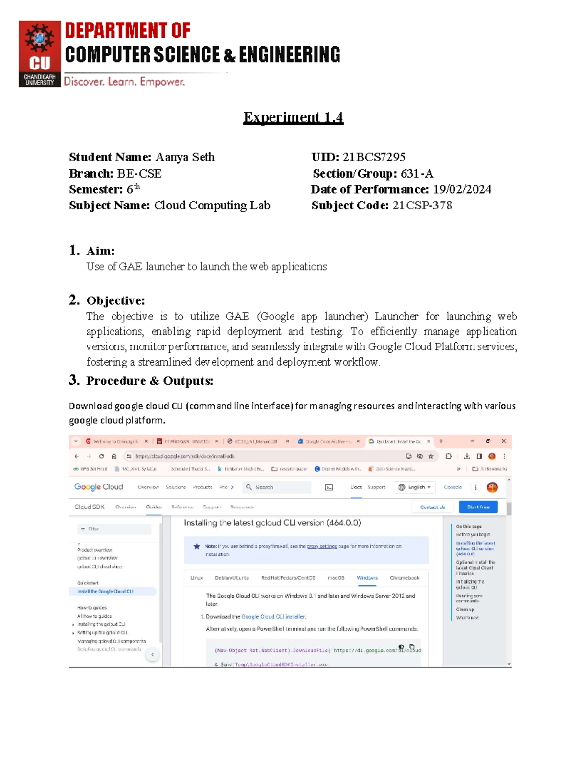 CC 1 - COMPUTER SCIENCE & ENGINEERING Experiment 1. Student Name: Aanya Seth UID: 21BCS Branch ...