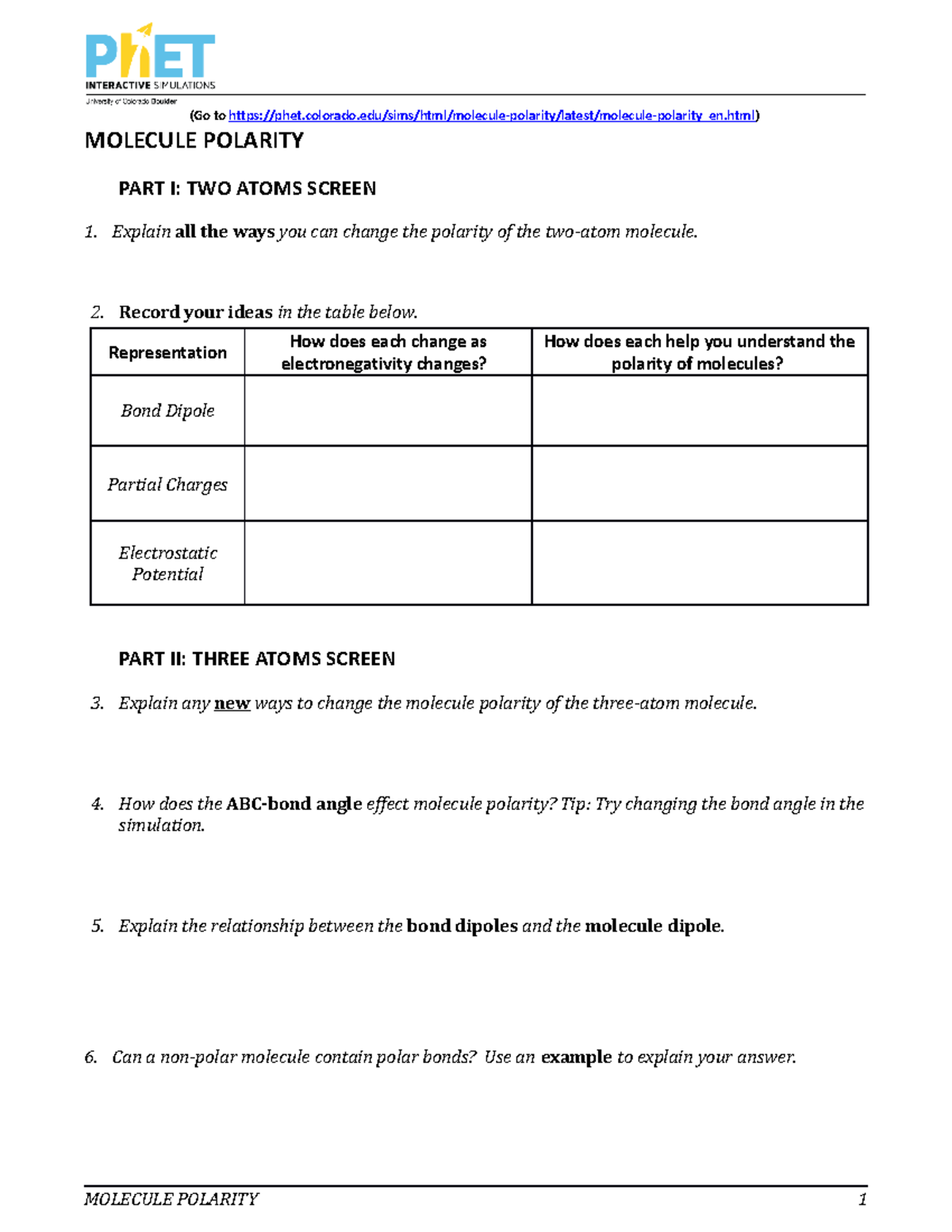 Ph ET Molecule Polarity Guided Inquiry Student Activity - (Go to - Studocu