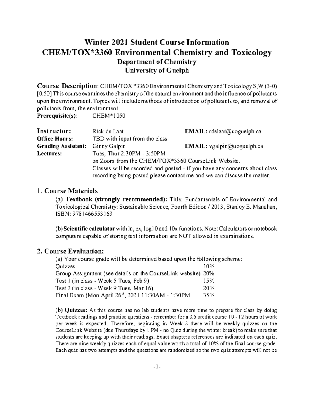 Chemtox 3360 Course Outline Winter 2021 - Winter 2021 Student Course ...