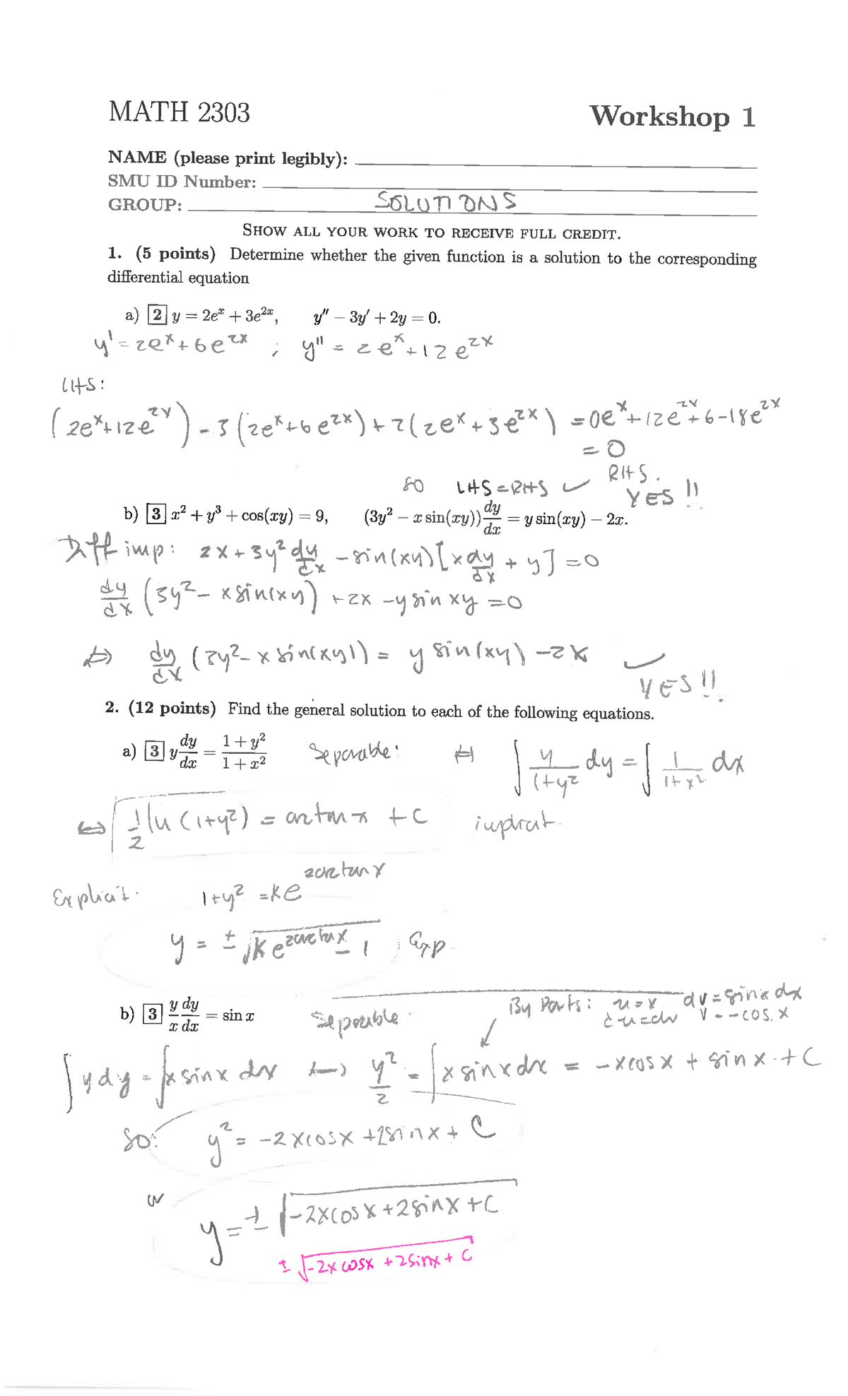 Differential Equations Workshops 1-5, with solutions - Math 2303 - Studocu